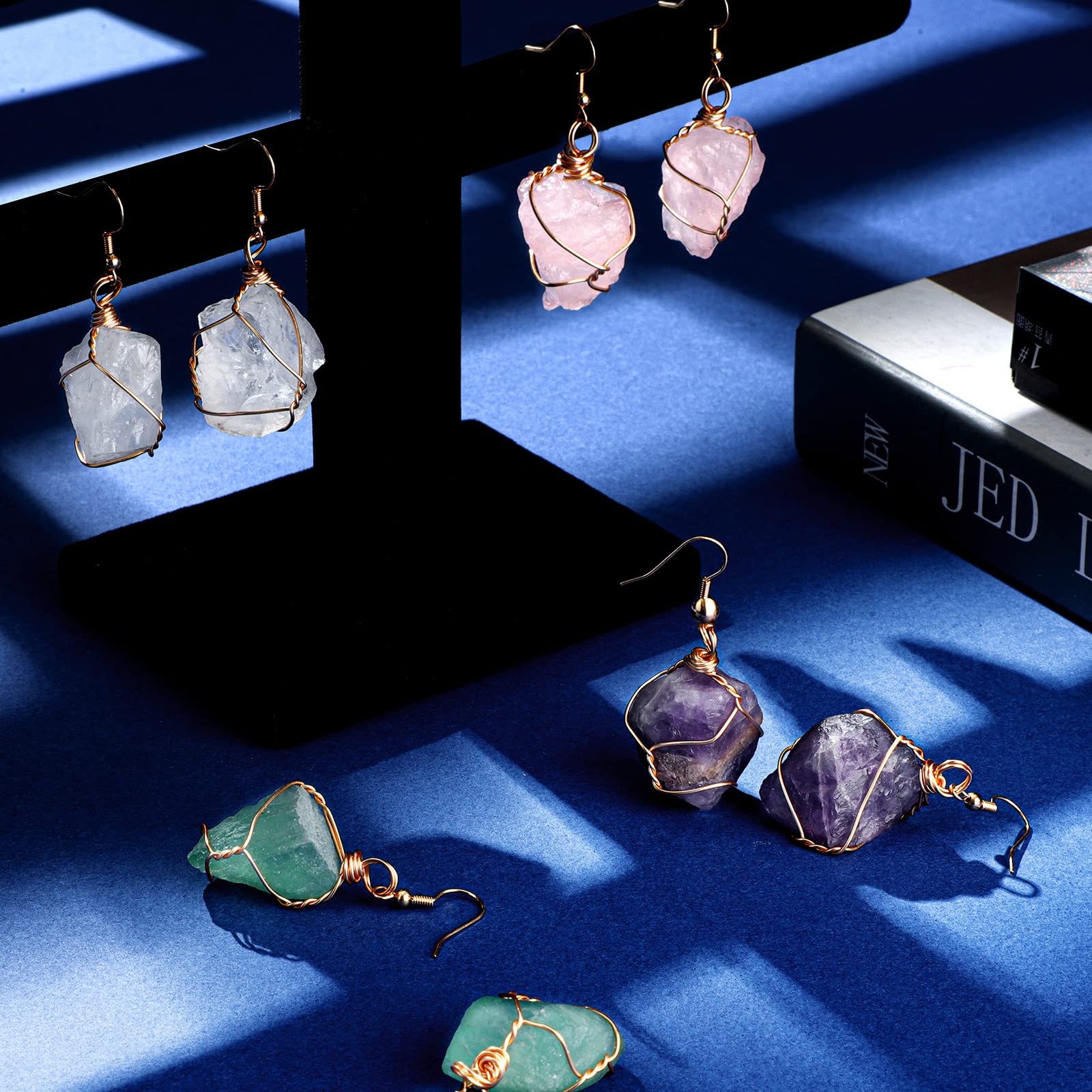 Raw Quartz Crystal Dangle Earring Raw Gemstone Drop Earrings Natural Handmade Wire Wrapped Healing Stone Eardrop Jewelry Irregular Amethyst Clear Crystal Fluorite Rose Quartz for Women (Green)