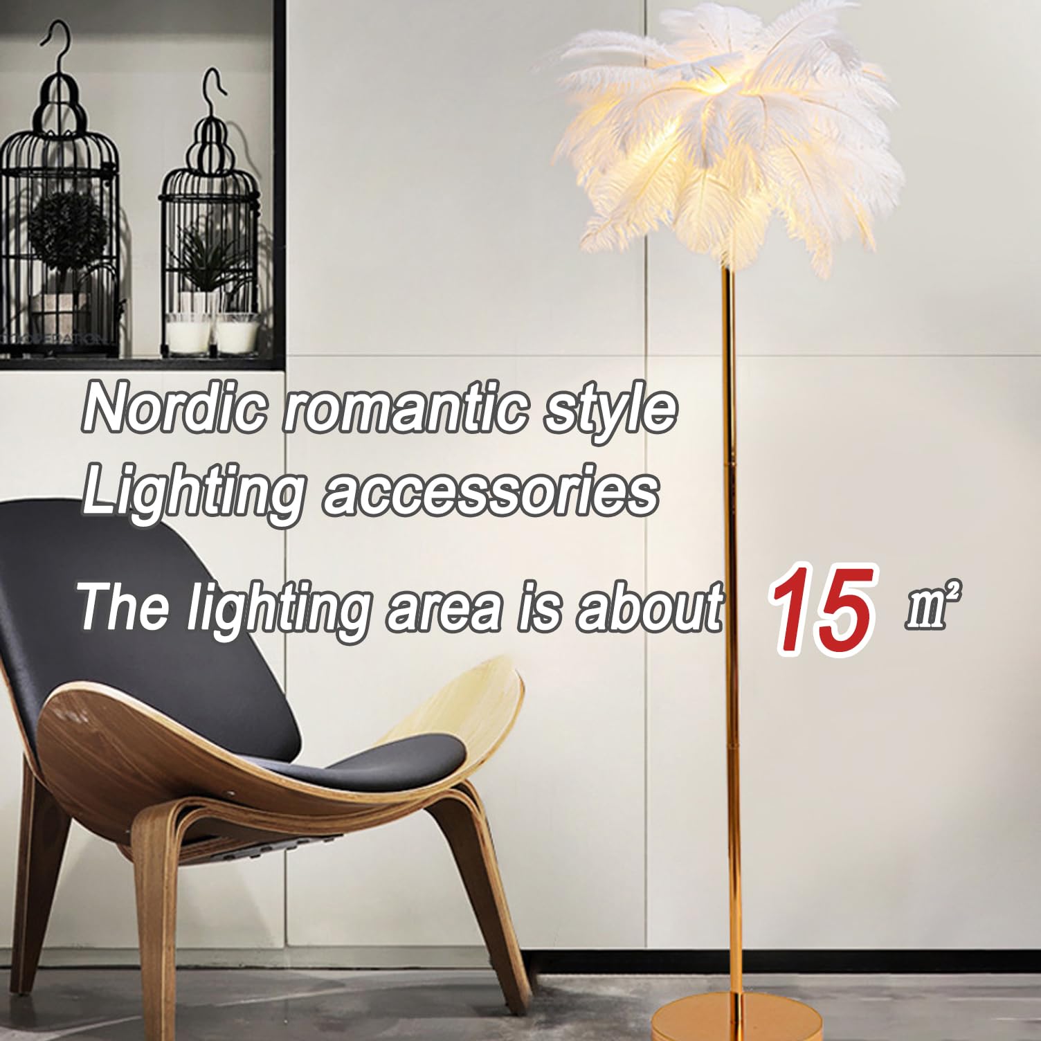 Natural Ostrich Feather Floor Lamp, Simple Modern Bedroom and Living Room Standing Lamp, Decor Corner Floor Lamp with Feather lampshade Dimmable Floor Standing Lamp for Bedroom Study Office (White)