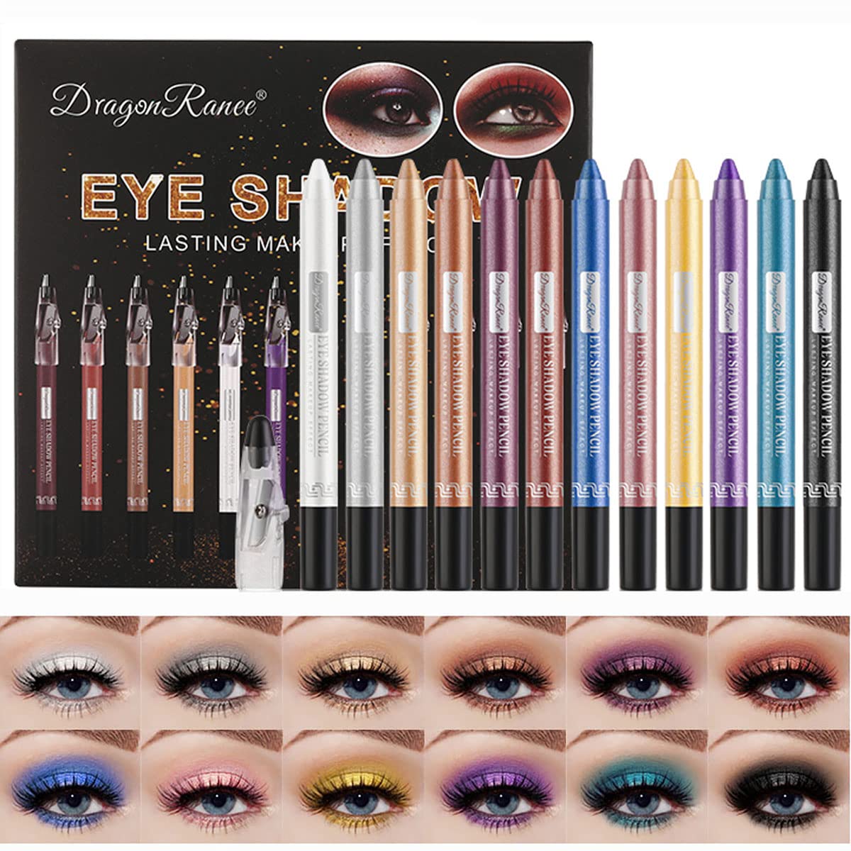 Sitovely 12 Pcs Matte Eyeshadow Stick Set with Sharpener Cap, Long Lasting Pearly Sparkle Glitter Eyeshadow Pencil Shimmer Metallic Eye Shadow Makeup (A, M)