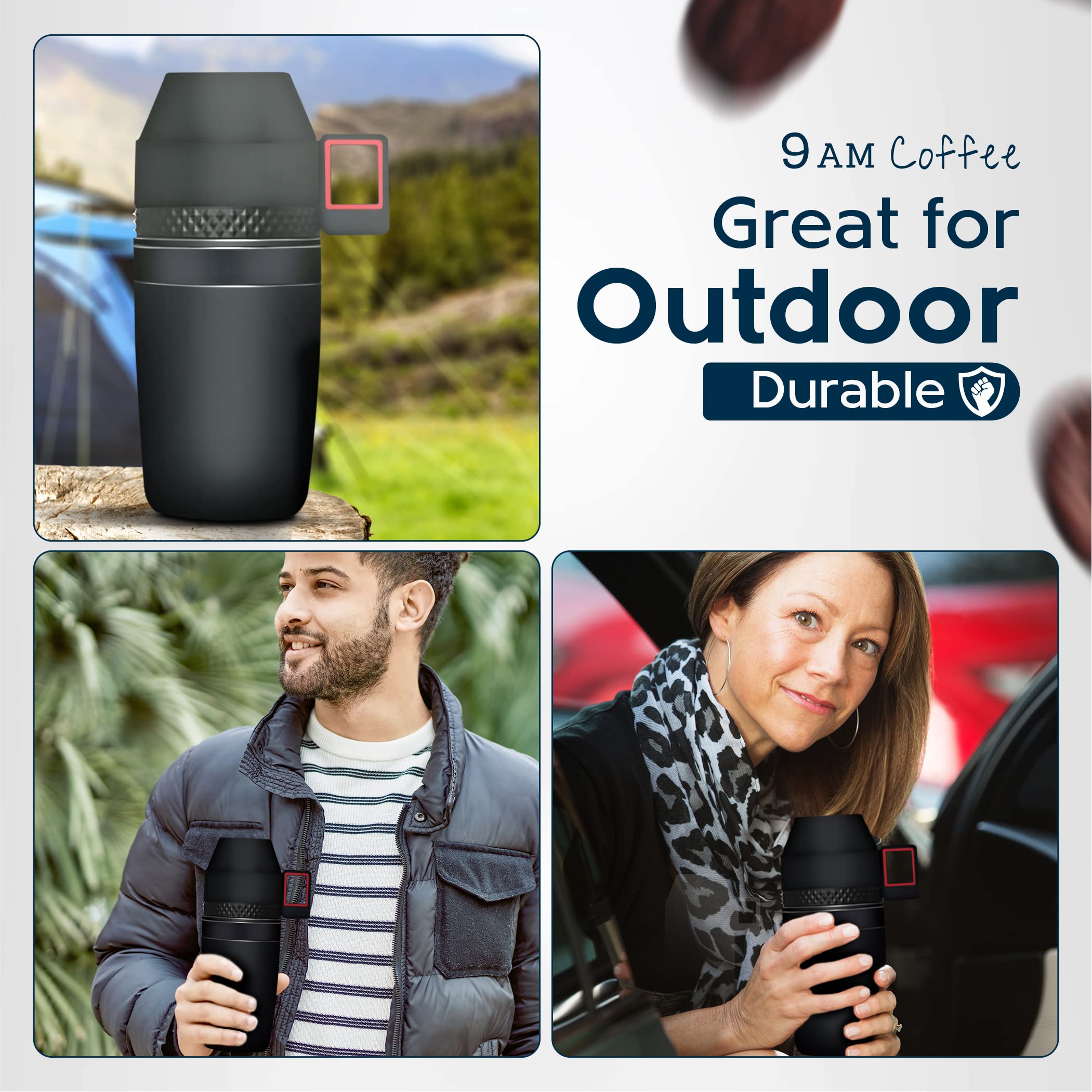Manual coffee grinder with a built-in HOT BREW stainless-steel filter, and TWO cups - all in one innovative product | Durable & Great for travelers