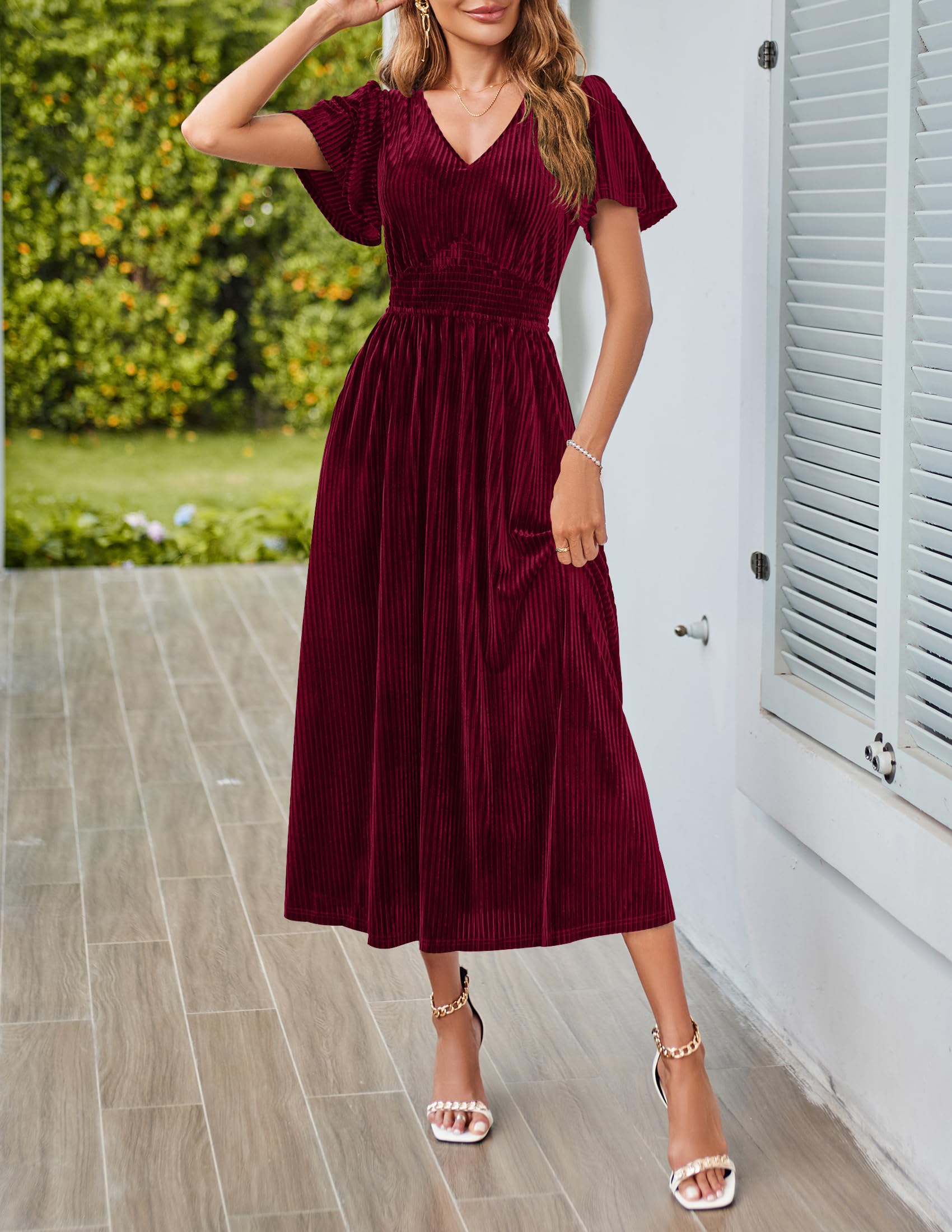 MEROKEETY Women's Flutter Short Sleeve V Neck Velvet Maxi Dress Bridesmaid Wedding Guest Formal Dresses WineRed M