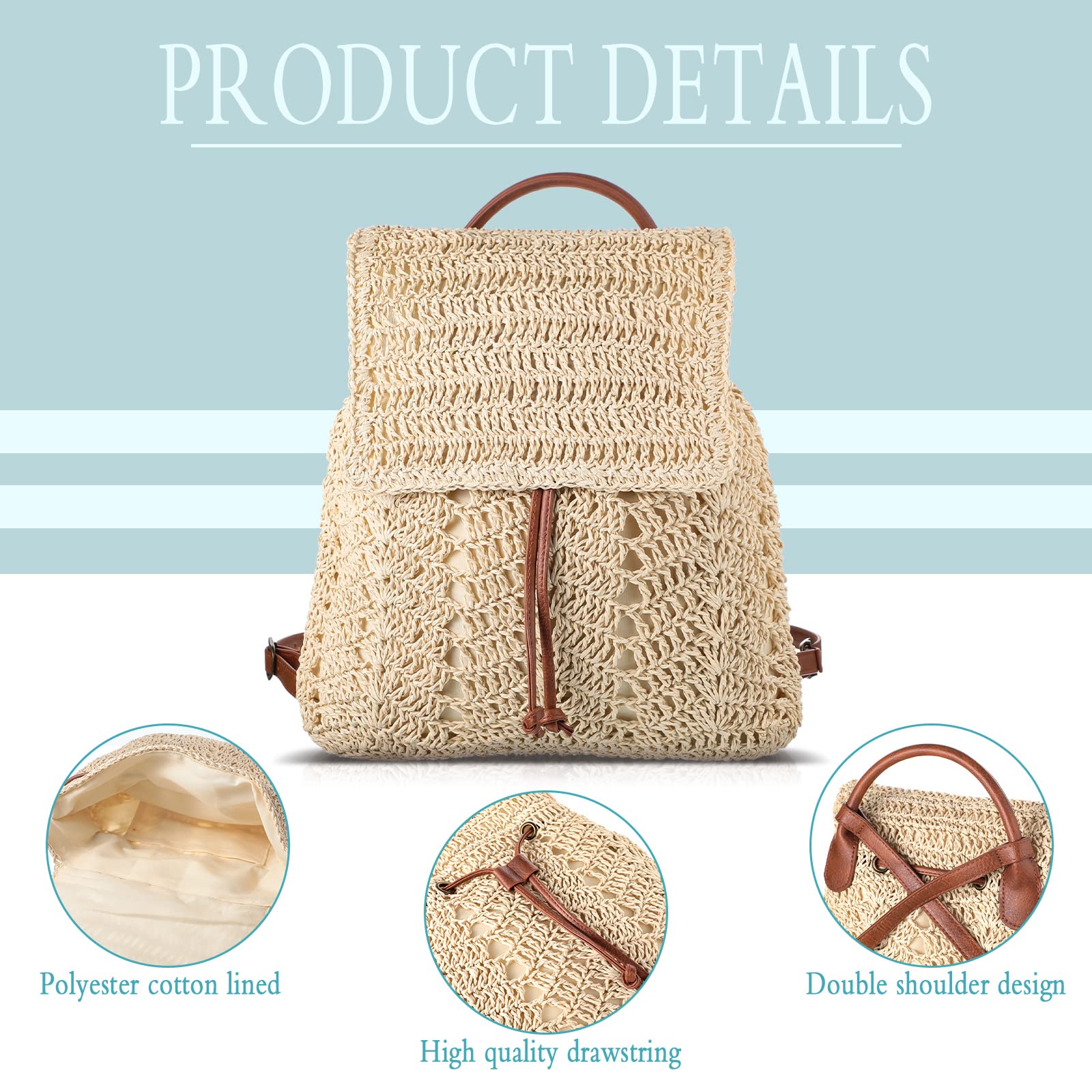 Saintrygo Women Straw Beach Handbag Backpack Boho Shoulder Handbag Casual Woven Backpack Hollow out Straw Beach Backpack for Summer (Beige)