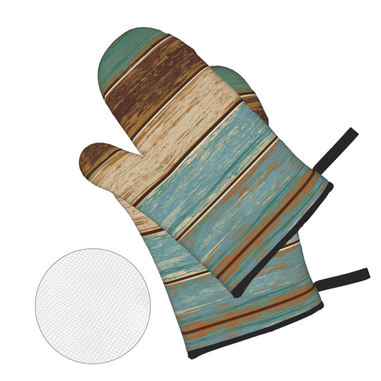Retro Rustic Barn Wood Oven Mitts and Pot Holders Sets Set of 4,Resistant Hot Pads Non-Slip Cotton Lining Gloves for Kitchen Baking Cooking Grilling