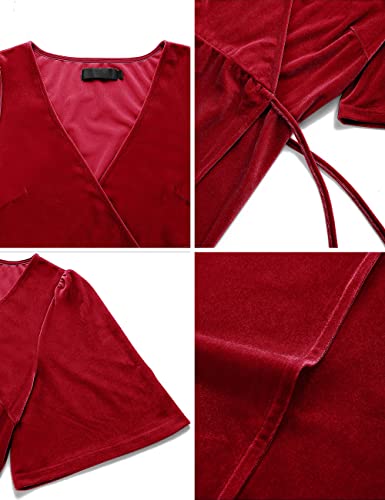 MEROKEETY Women's Velvet Maxi Dress 2024 Boho Wrap Cocktail Party Wedding Guest Formal Dresses, Red, Large