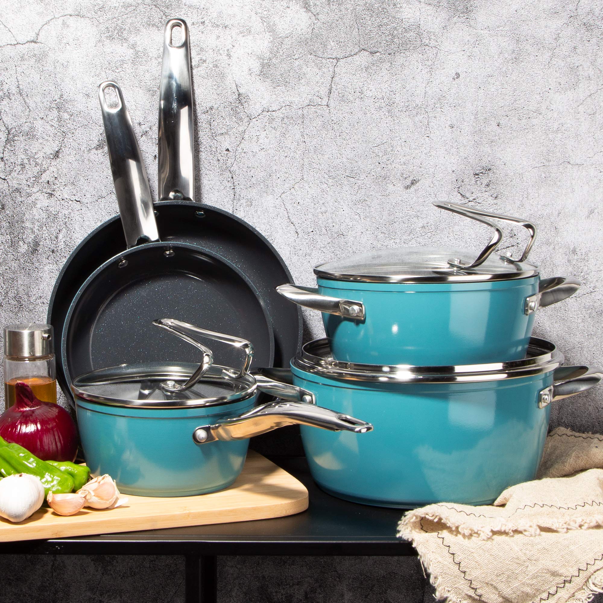 Nonstick Pot and Pan Cooking Set, REDMOND Kitchen Ceramic Cookware Set for Stovetops, Induction Cooktops, Dishwasher/Oven Safe, 8 Pieces, Blue