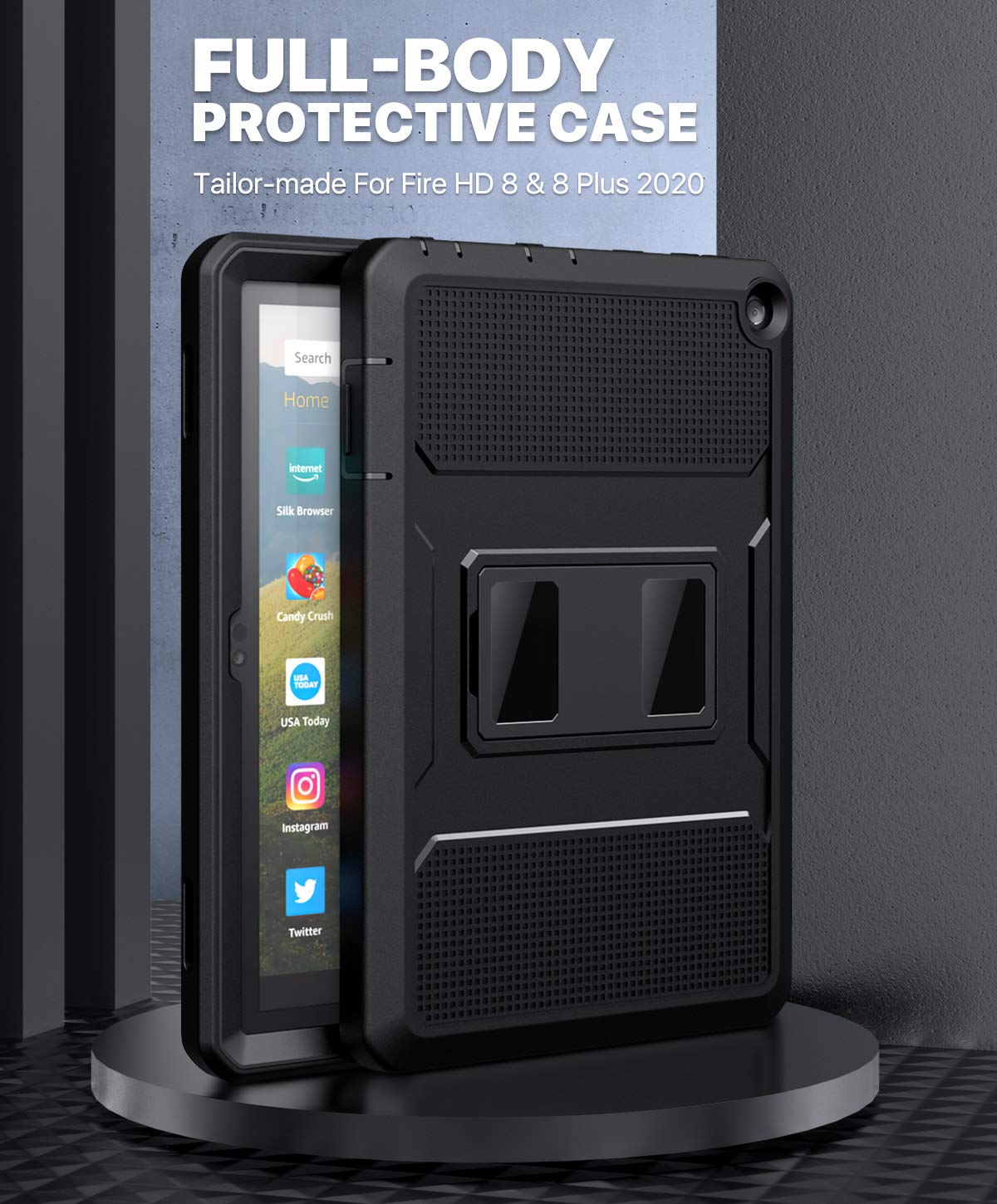 MoKo Case Fits Kindle Fire HD 8 & 8 Plus Tablet (10th Generation, 2020 Release), [Heavy Duty] Full Body Rugged Cover with Built-in Screen Protector, Black