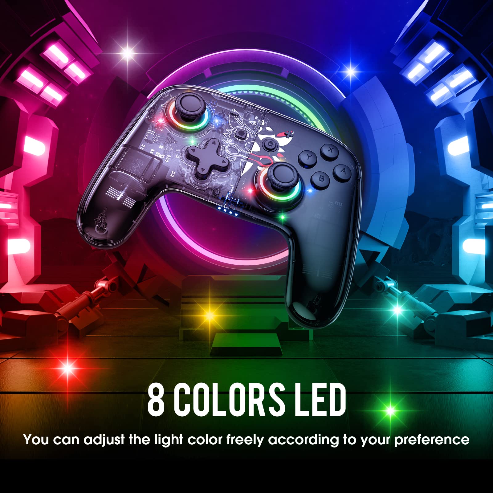 Switch Wireless Controller, Switch Pro Controller 8 Color Adjustable LED Hue Light, Controller Compatible With Switch/Switch OLED/Switch Lite, Support Turbo/Remote Wake-up