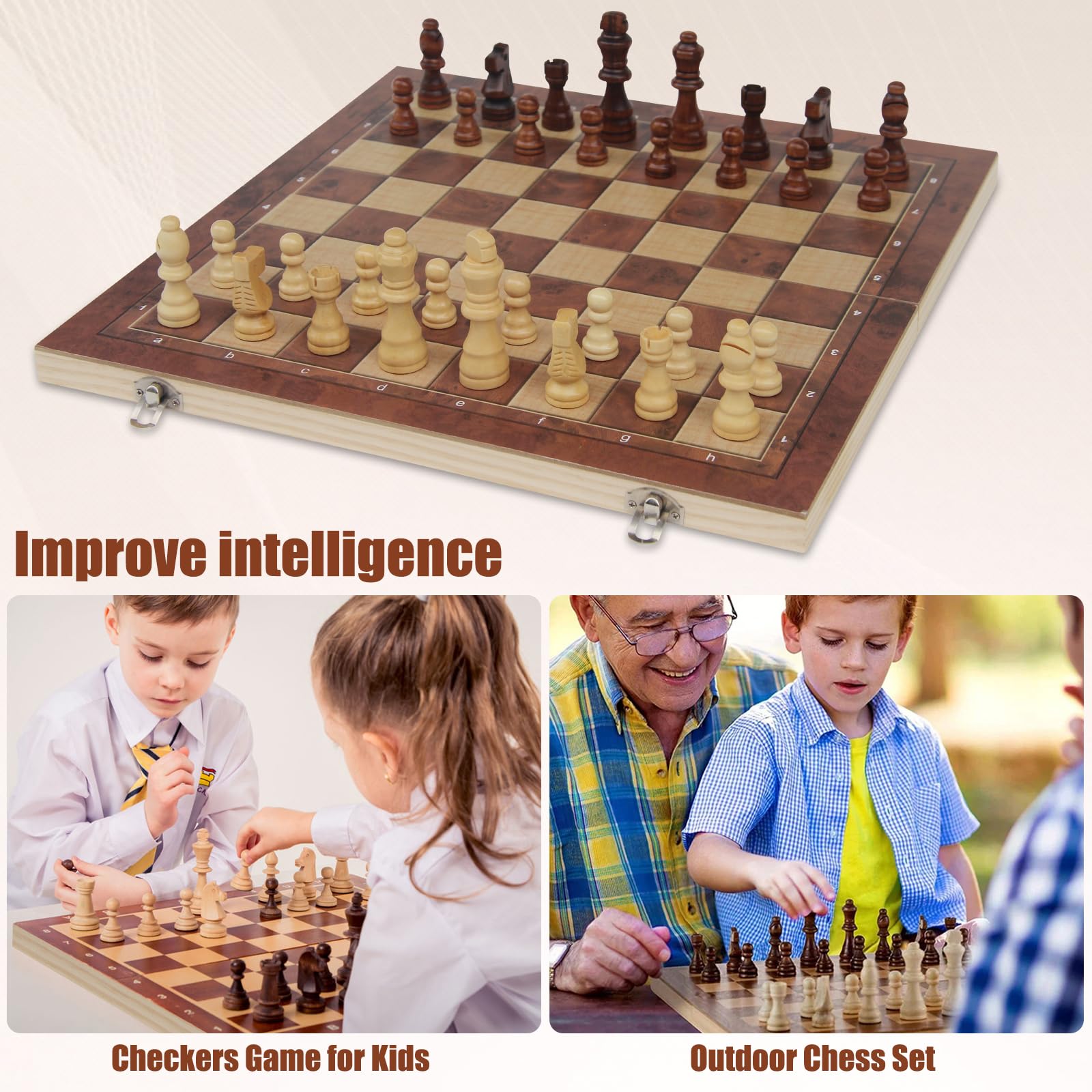 LOGICLORD Chess Backgammon 3-in-1 Board Games Sets 15β Lightweight Checkers Board Game,Strategy Backgammon Sets for Adults,Travel Storage Box Chess