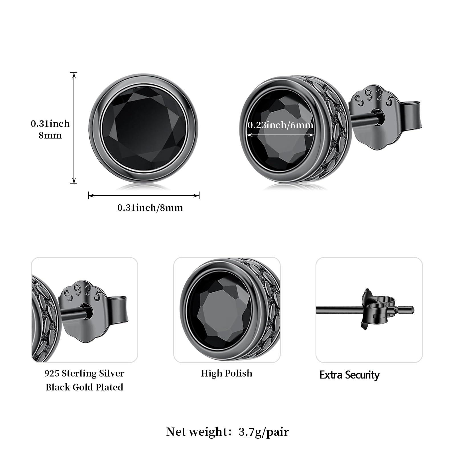 StoryEtain Stud Earrings 925 Sterling Silver Mens Womens CZ Black Stud Earrings Pierced Black Earrings Jewelry Gift