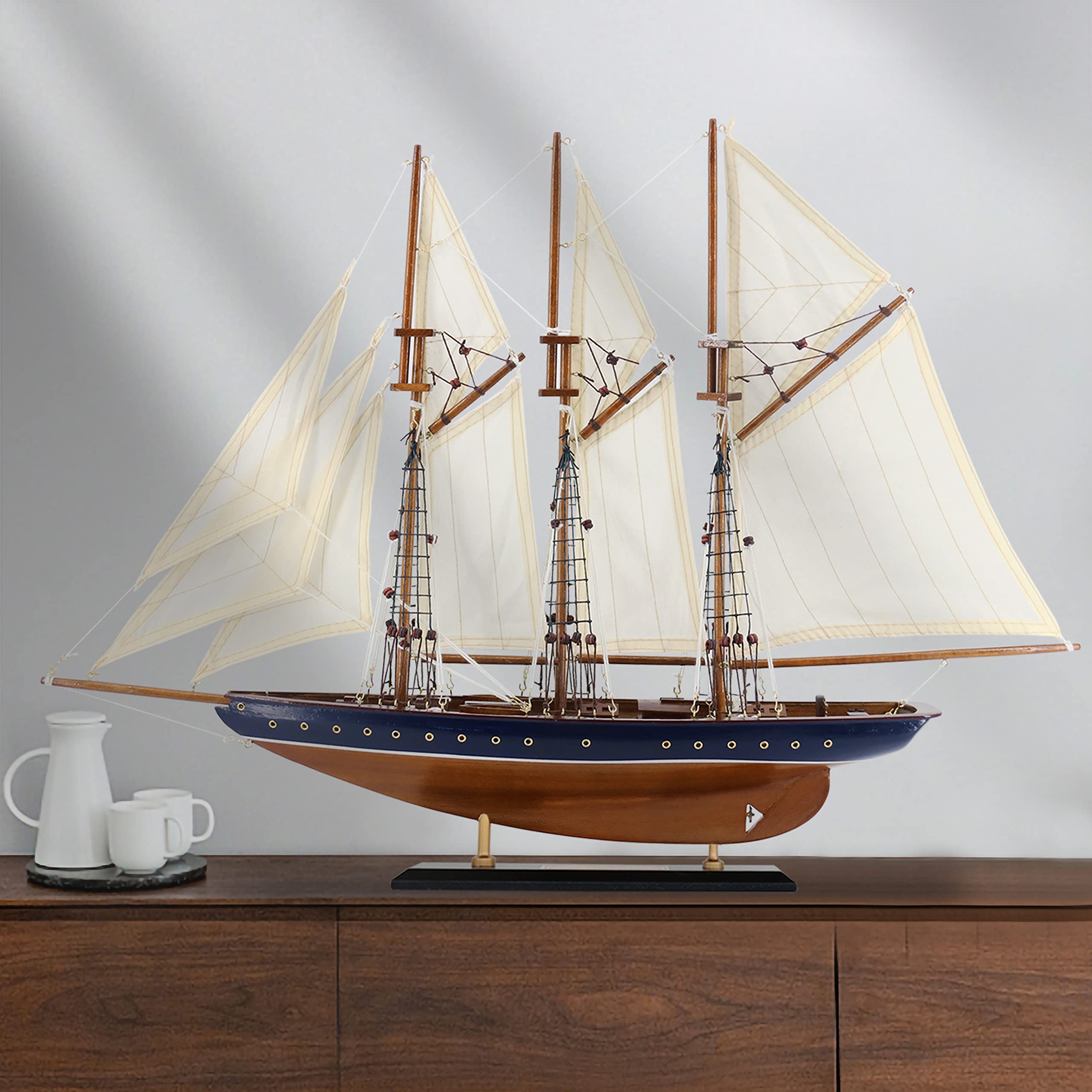 NAUTIMALL 25" Wooden Sailboat Model Sailing Yacht Atlantic Schooner Ship Scale Replica Nautical Home Decor Display Collection Watercraft