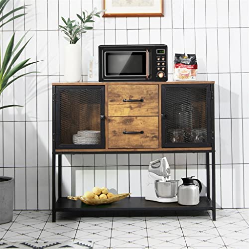 YDXNY Industrial Buffet Sideboard Kitchen Cabinet with Metal Mesh Doors and 2 Drawers