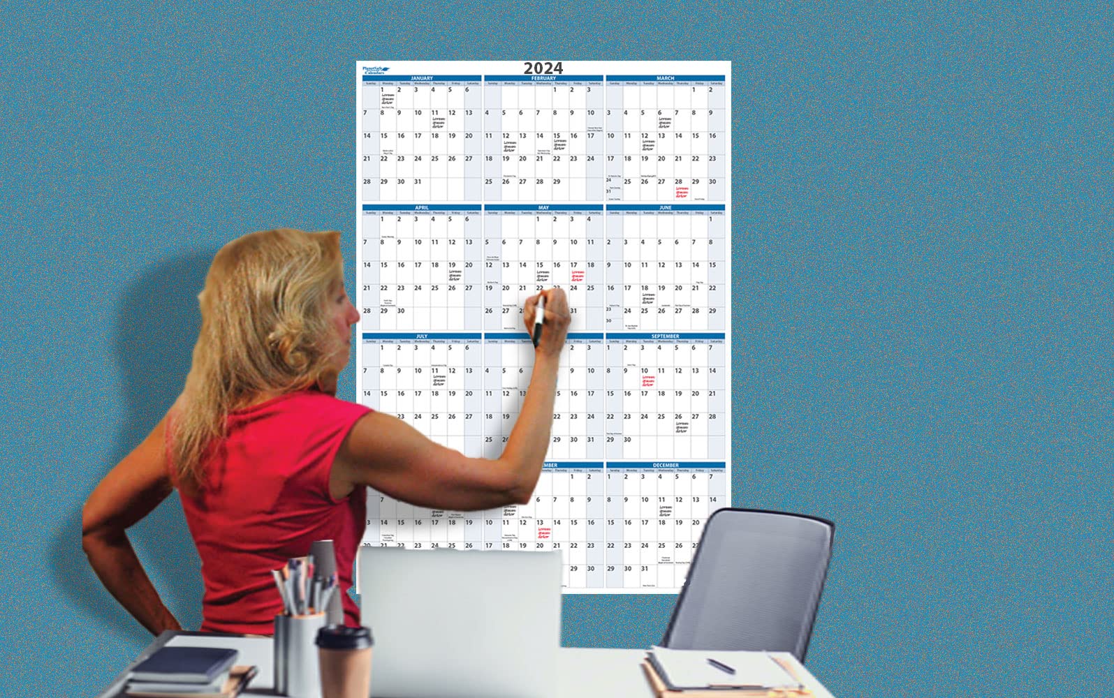 PlanetSafe Calendars 2024 Annual 12-Month Vertical Sky Blue Wet & Dry-Erasable Wall Calendar - Yearly Planner - Large Wall Calendars - Great for Home, Office, and Classroom - 48" tall x 32" wide BN
