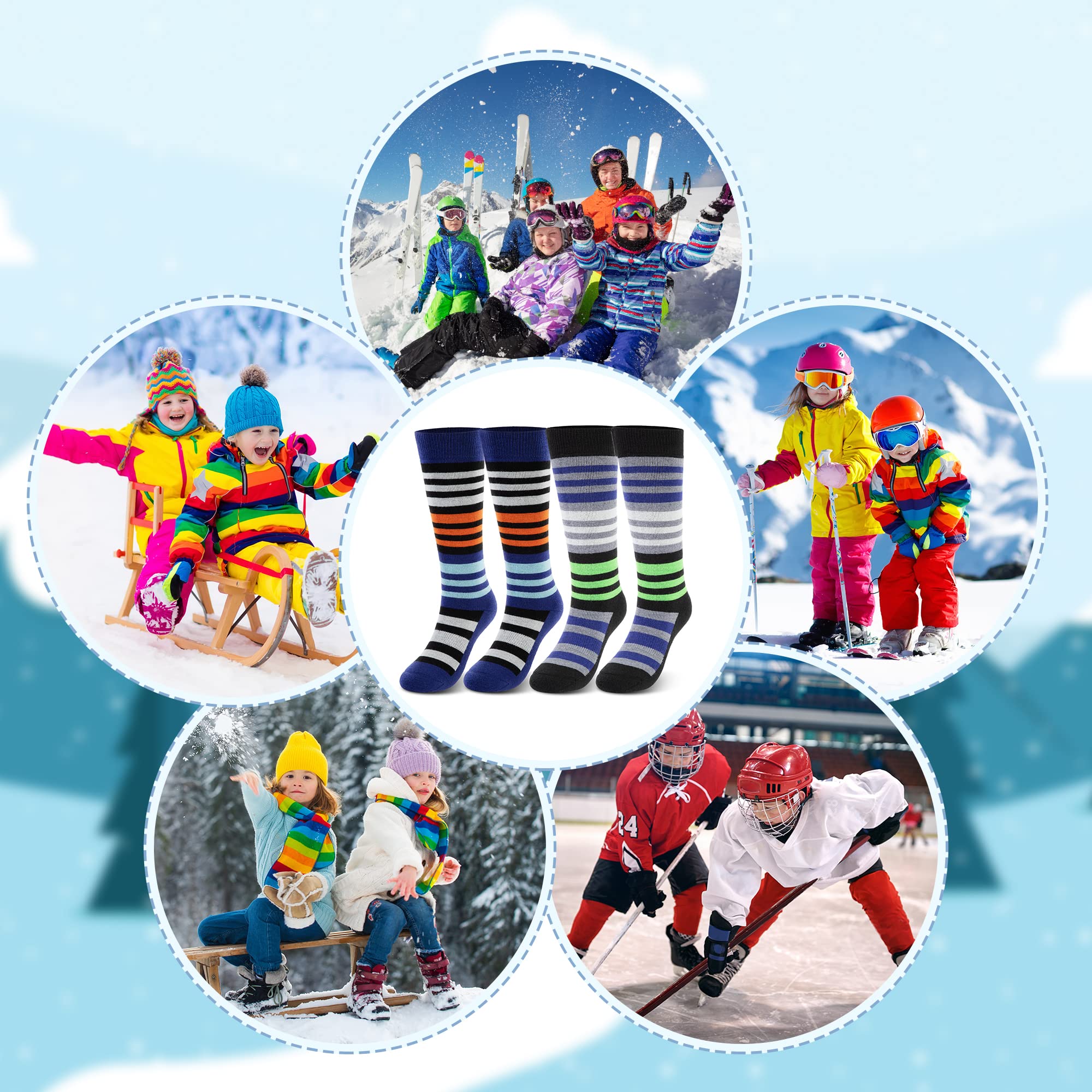 LULLABY KIDS Snow Ski Socks Full Terry Warm Skiing Socks Boys Thermal Socks Merino Wool Socks For Toddlers Kids Warm Socks, 2 Pairs Strip, 3-5 Years