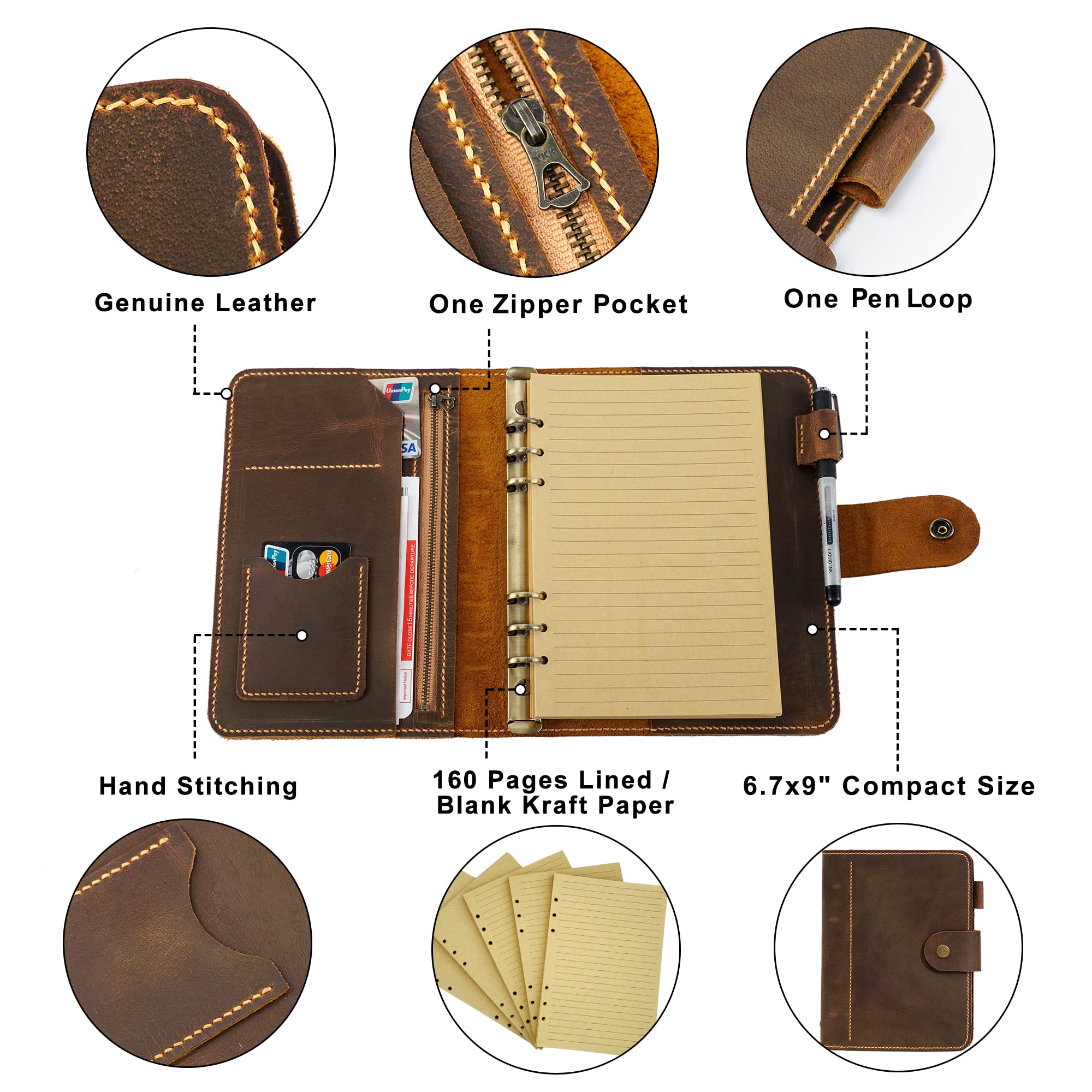 Turbosnail Personalized Size A5 6 Ring Leather Refillable Planner Binder, Travelers Journal, Sketchbook, Distressed Leather, Travel Journal For Men Women (Lined Paper 160 Pages), Customized Gift