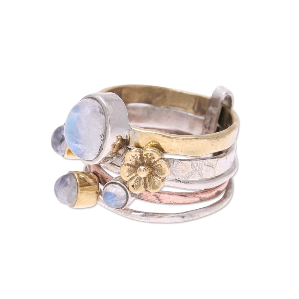 NOVICA Artisan Handmade Rainbow Moonstone Cocktail Ring Mixed Metals Floral from India Copper .925 Sterling Silver Brass Clear Multi Gemstone 'Rain Flowers'
