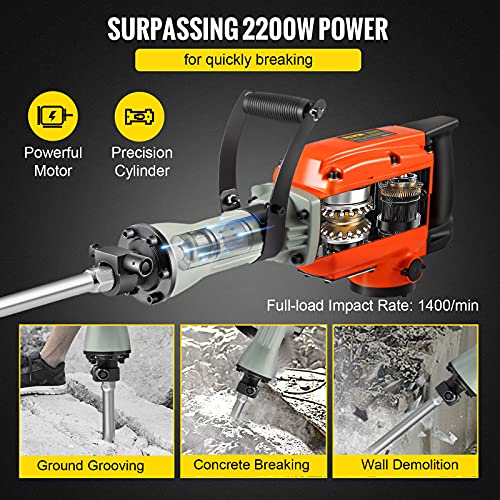 VEVOR Demolition Jack Hammer 2200W Jackhammer Concrete Breaker 1400 BPM Heavy Duty Electric Jack Hammer 6pcs Chisels Bit w/Gloves & 360°C Swiveling Front Handle for Trenching and Breaking Holes