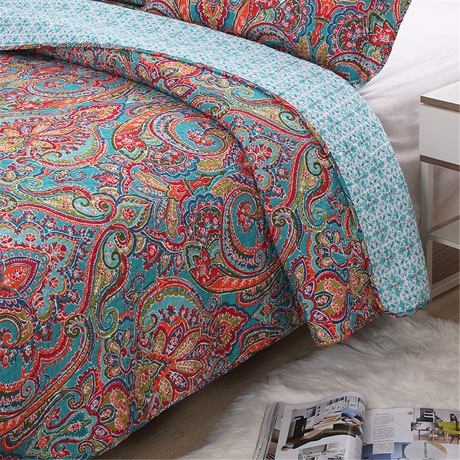 Newrara Jacquard Style Cotton 3 Pcs Patchwork Bedspread Boho Quilt Sets Queen Size(Red)
