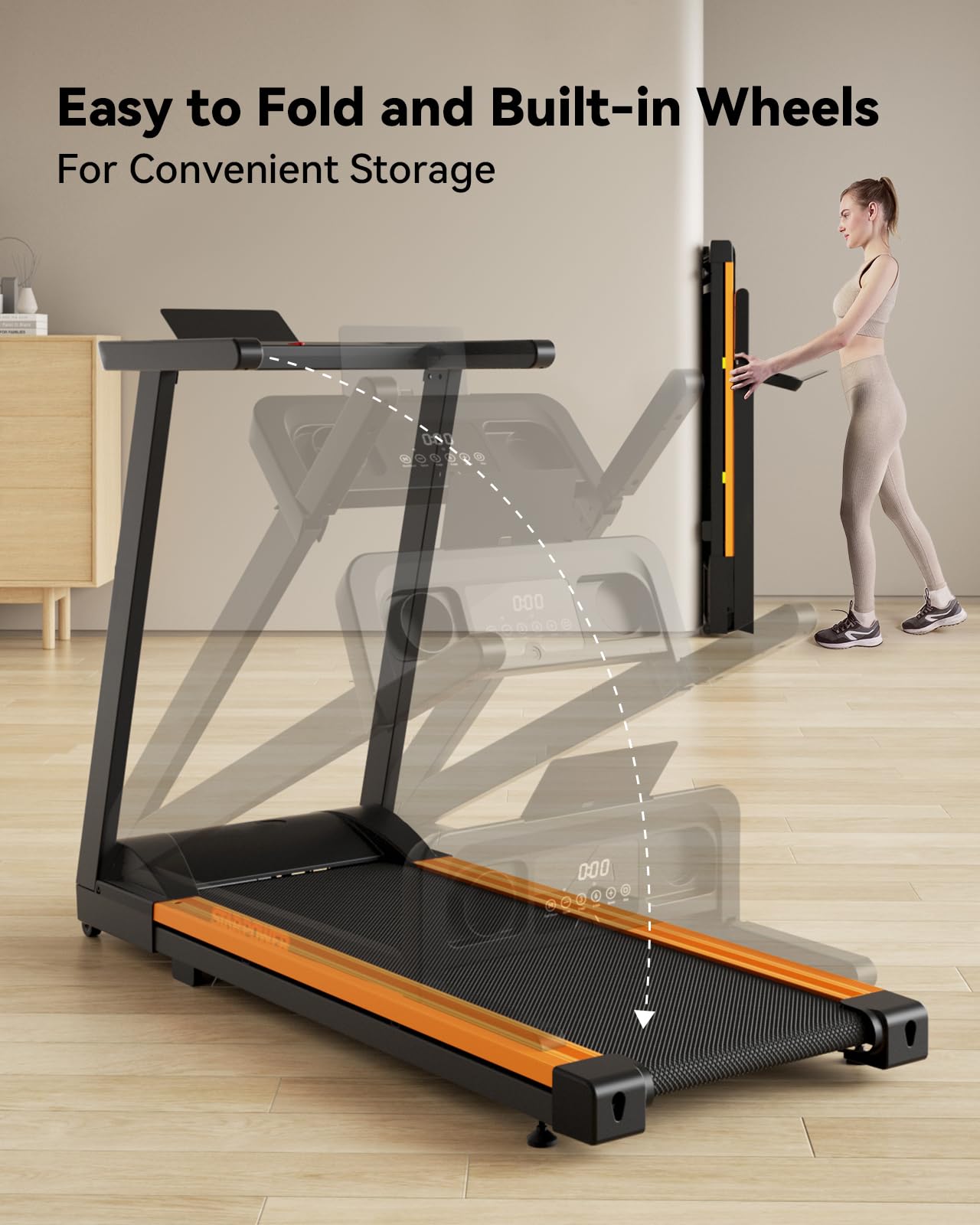 SSPHPPLIE Folding Treadmill with APP Smart Band, Portable Treadmill Foldable with 300 lb Capacity, 3.0 HP Compact Treadmill for Small Space, Orange Logo