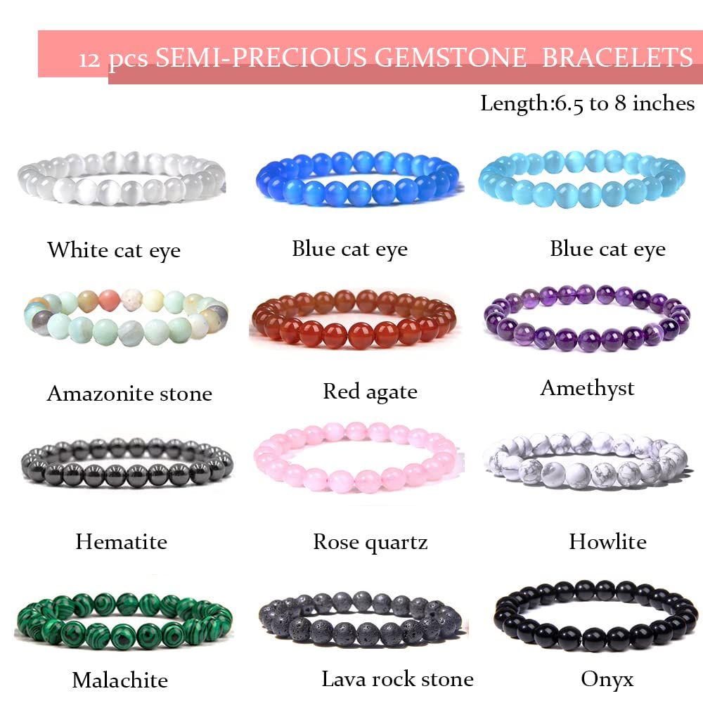 SAMOCO 12 Pcs 8mm Semi-precious Beaded Bracelets for Men Women Healing Stretch Round Bead Crystal Gemstones Bracelets Unisex