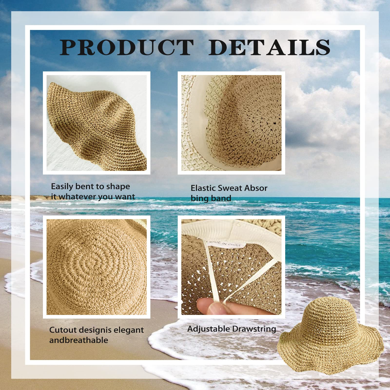 Straw Bucket Hat Beach Hat for Womens Sun Hat Foldable Packable Wide Brim Hat Summer Protection Beach Cap Straw Cowboy Hats Khaki