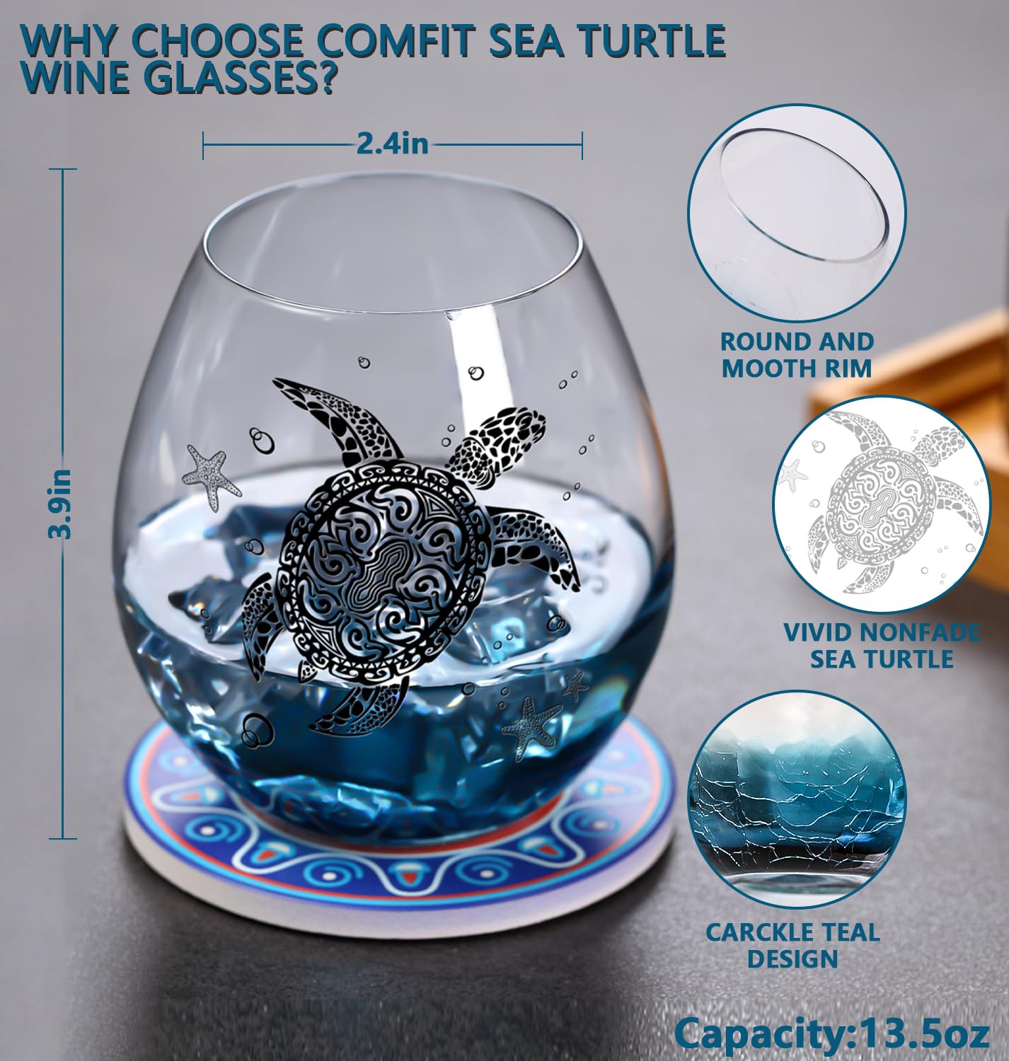 Physkoa Sea turtle wine glass- 13.5OZ Crackle Teal Design, sea turtle gifts for women,Turtle Gifts,Birthday gifts for women(Single)