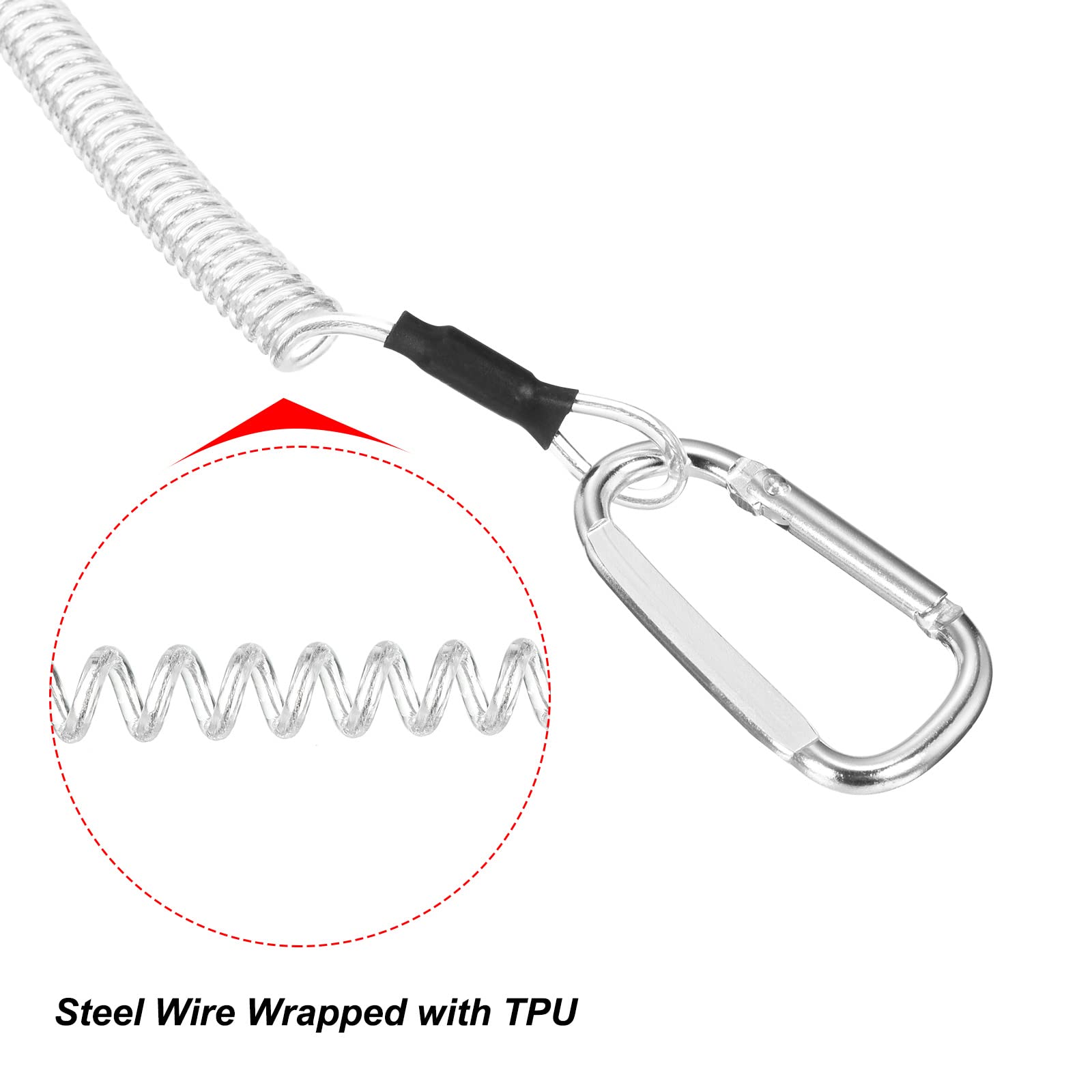 PATIKIL 3.9ft Fishing Tool Lanyard, 2 Pack Safety Cord Spiral Lanyard Tether Retractable with Metal Clip Keychain for Boating Kayak, Clear
