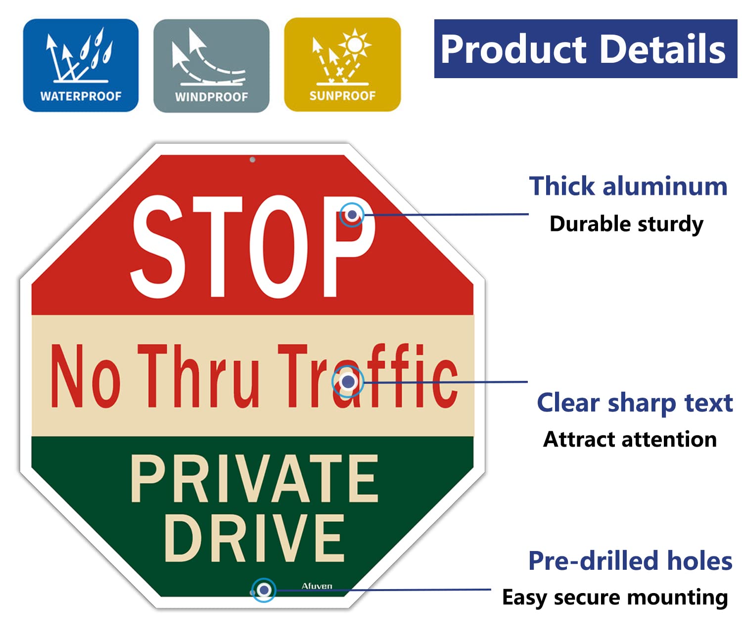 Stop No Thru Traffic Private Drive Sign 12" x 12" Private Driveway Sign Metal Reflective No Thru Traffic Sign Rust Free Aluminum Stop Sign UV Protected Waterproof Outdoor Use 2 Pack