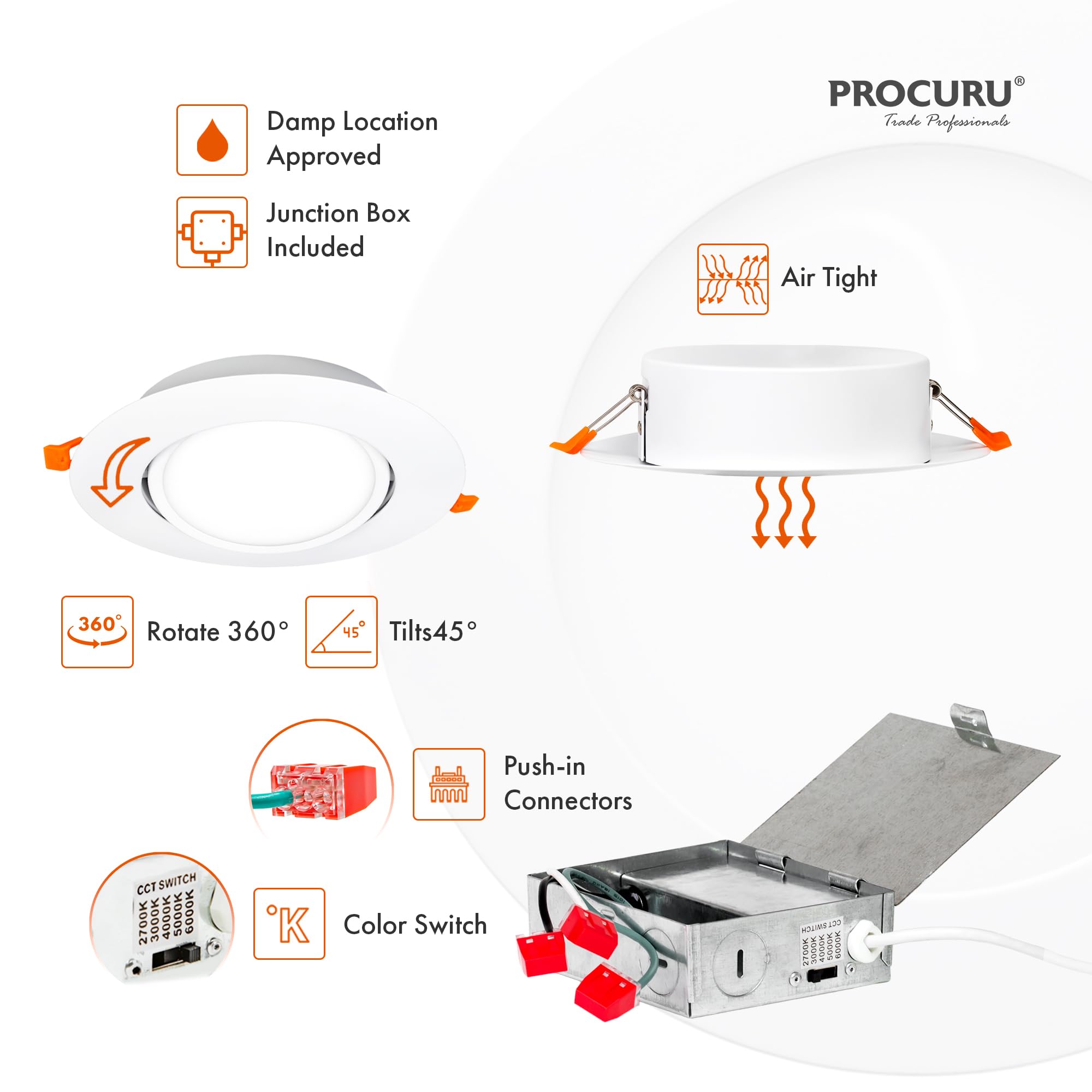PROCURU [4-Pack] 6-Inch Gimbal Air-Tight LED 2700K-6000K 5CCT Color Selectable, Adjustable, Rotate & Swivel Ultra-Thin Heavy Duty Recessed Ceiling Downlight, Dimmable, IC Rated (VGB65W-4P)