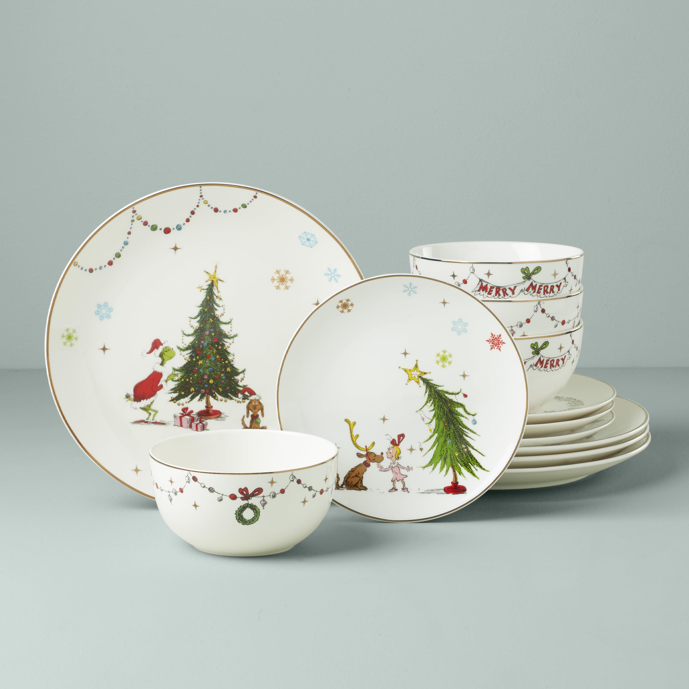 Lenox 895051 Merry Grinchmas 12-Piece Dinnerware Set, Green, 14.33