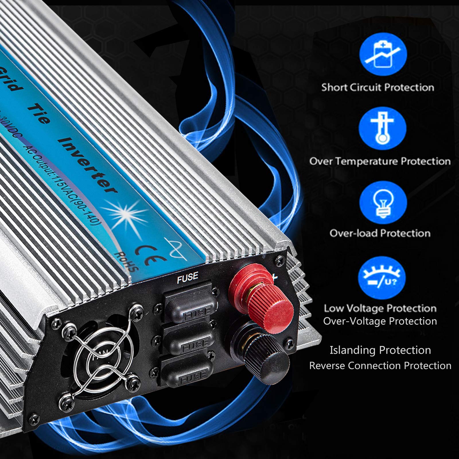 VEVOR Grid Tie Solar Inverter, 1000W MPPT Power Inverter, 50/60 Hz Solar Grid Tie System, Grid Tie Inverter, DC10.8-30V Input to AC90-140V Output Wind Turbine Grid Tie Inverter for Solar Panel System
