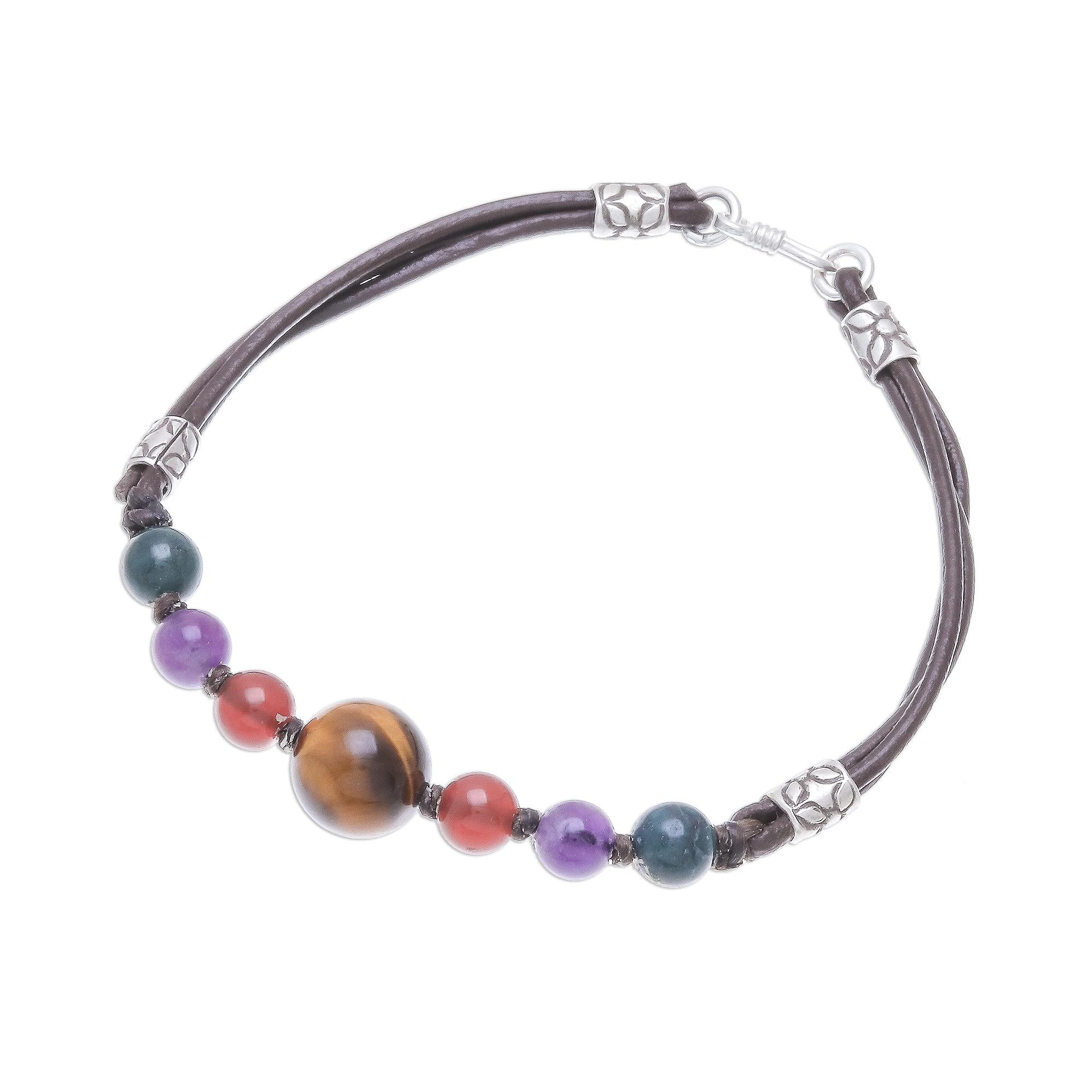 NOVICA Artisan Handmade Multigemstone Beaded Bracelet Crafted in Thailand Sterling Silver Tigers Eye [7.5 in L 3 mm W Pendant(s) 0.4 in L x 2.4 in W] ' Playful Rainbow'