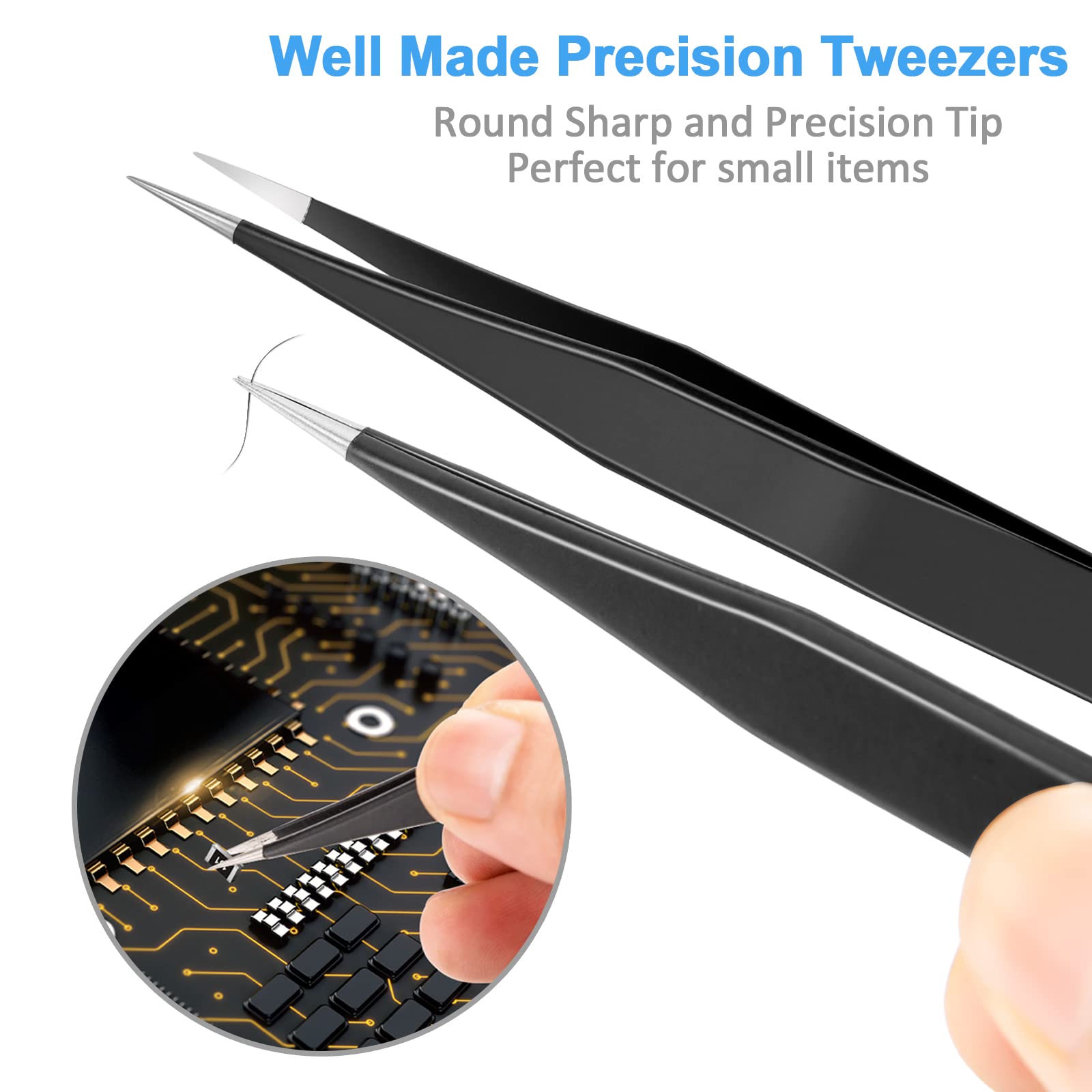 YHYZ 7pcs Precision Tweezers Set, Premium Anti-Static Stainless Steel ESD Tweezers Set Kit for Electronics, Sodlering,Jewelry, Craft, Laboratory Work, DIY(7PCS, Version)