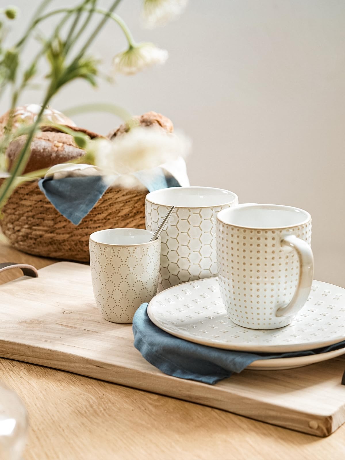 LE TAUCI Coffee Mugs 12 oz, Ceramic Mug Set, Embossment Cups for Latte, Hot Tea, Cappuccino, Mocha, Cocoa,Suit For Housewarming Wedding - 3.4 inch, Set of 4, Arctic White