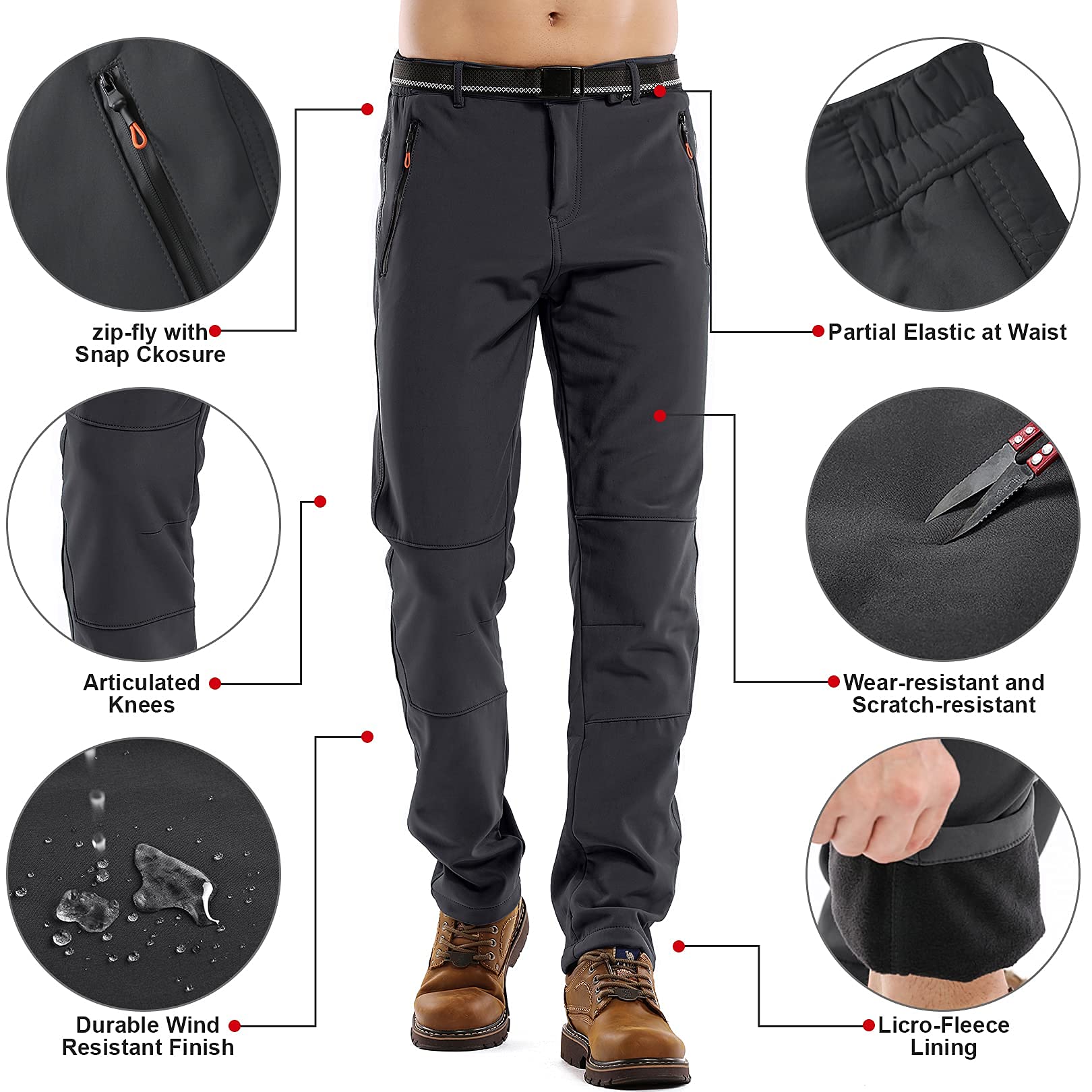 linlon Men's Snow Ski Waterproof Fleece Lined Pants Outdoor Hiking Insulated Softshell with Belt (Grey, 30)