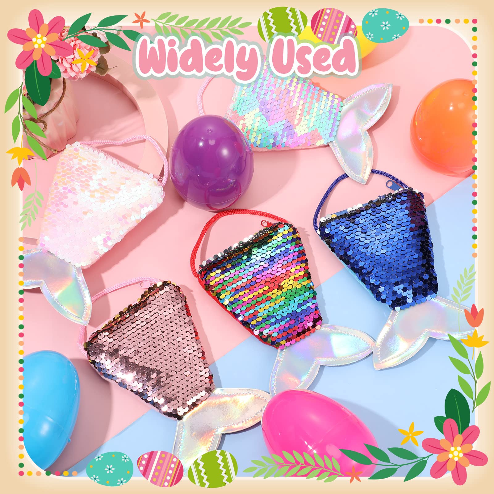 Tarpop 8 PCS Colorful Easter Eggs Prefilled with Mermaid Sequin Purse Easter Basket Stuffers Easter Eggs Fillers Filled Large Plastic Eggs with Cute Purse Easter Party Favors Gifts for Girls