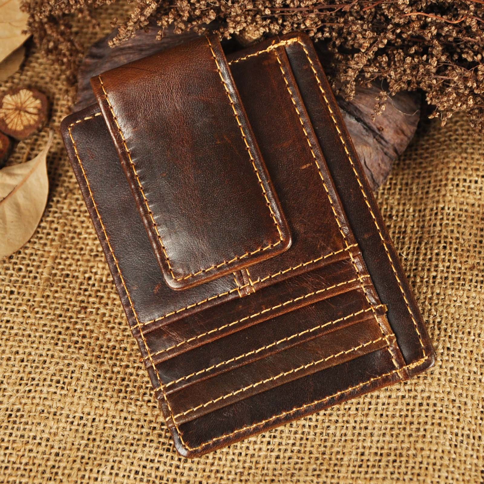 Le'aokuu Genuine Leather Magnet Money Clip Credit Card Case Holder Slim Handy Wallet (Light Brown 2)