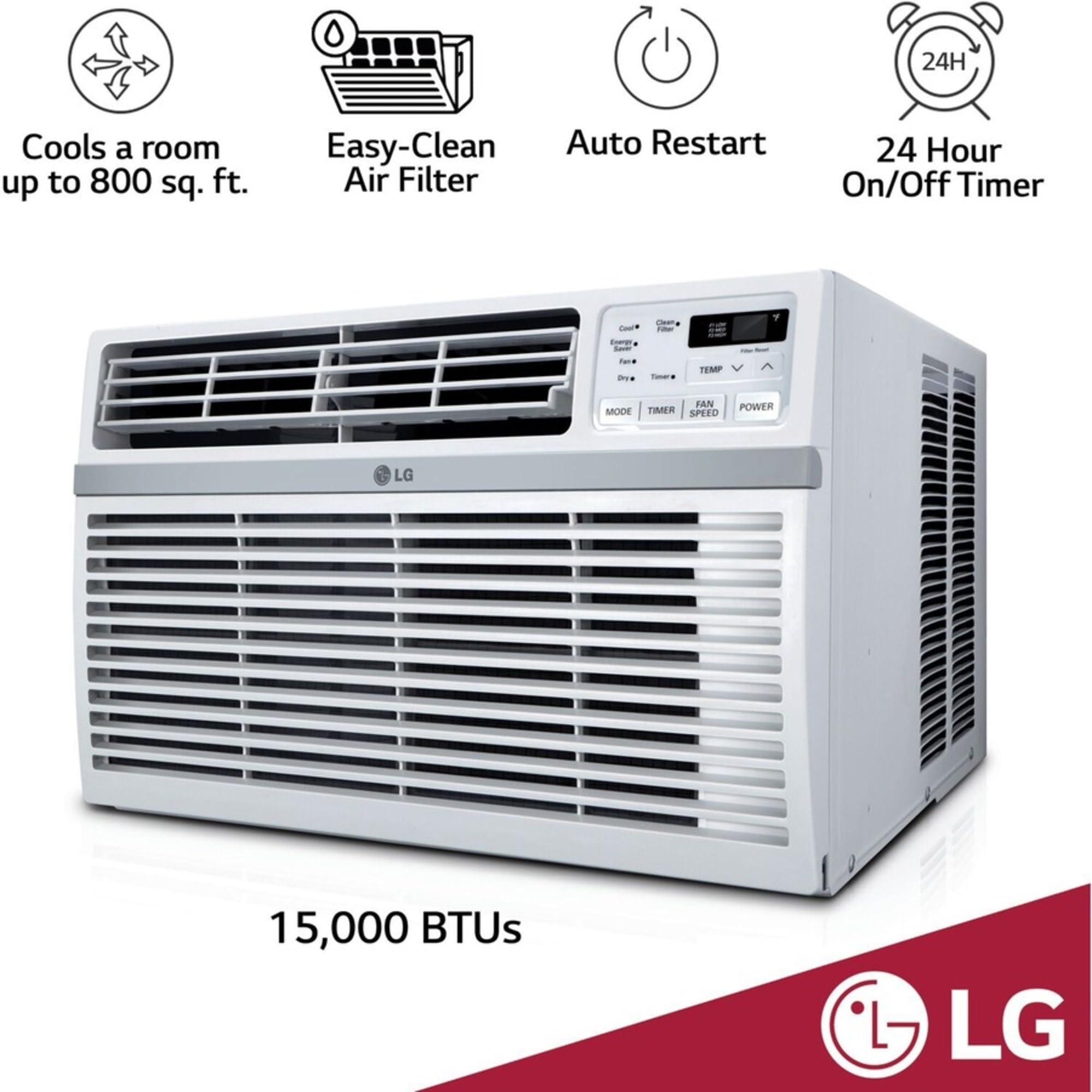 LG 15,000 BTU Window Air Conditioner, Cools 800 Sq.Ft. (20' x 40' Room Size), Quiet Operation, Electronic Control with Remote, 3 Cooling & Fan Speeds, Auto Restart, 115V