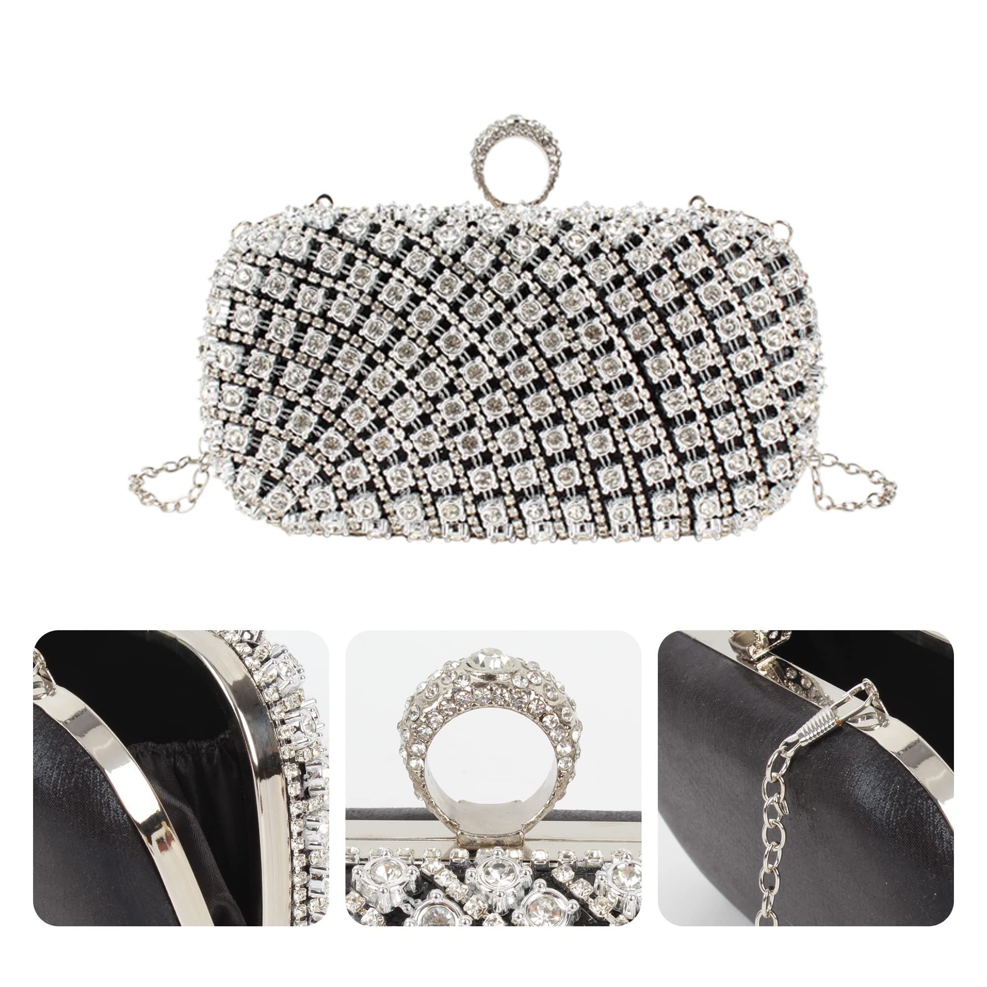 Reberomantic Women Lattice Pattern Metal Handbag Chain Geometric Evening Clutch Purse (U-diamond silver)