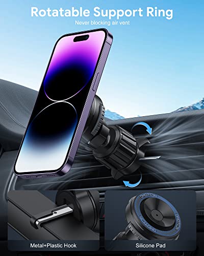 OMOTON for MagSafe Car Mount, O-Mag DriveSafe Magnetic Air Vent Car Phone Holder, Powerful Magnetic Mounting and Vacuum Suction Cup for iPhone 14 13 12 Pro Plus Max Mini MagSafe Case