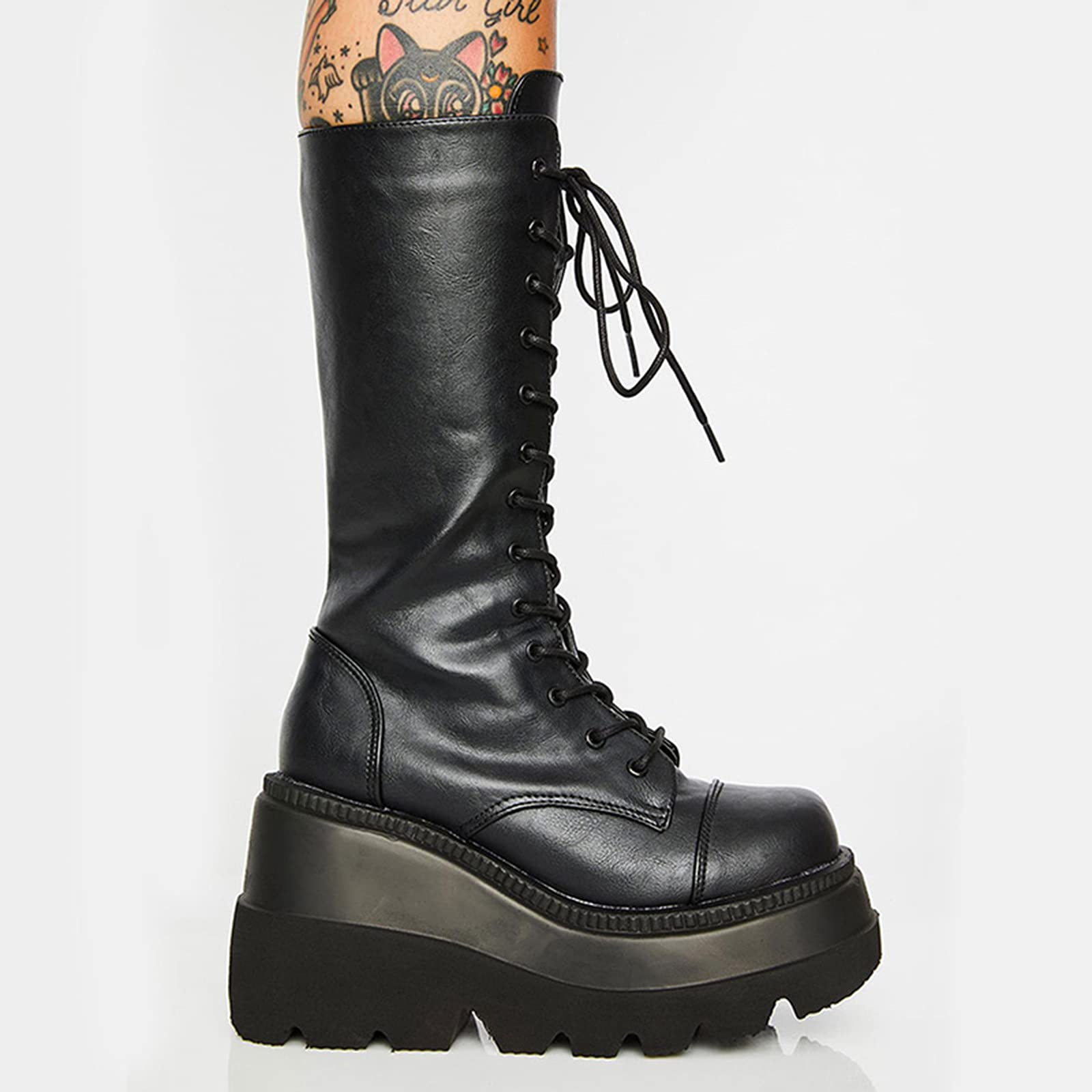 NOLDARES Platform Boots for Womens Goth Wedge High Heel Sexy Side Zipper Printed Motorcycle Combat Studded Knee High Boots, Z1 Black, 8