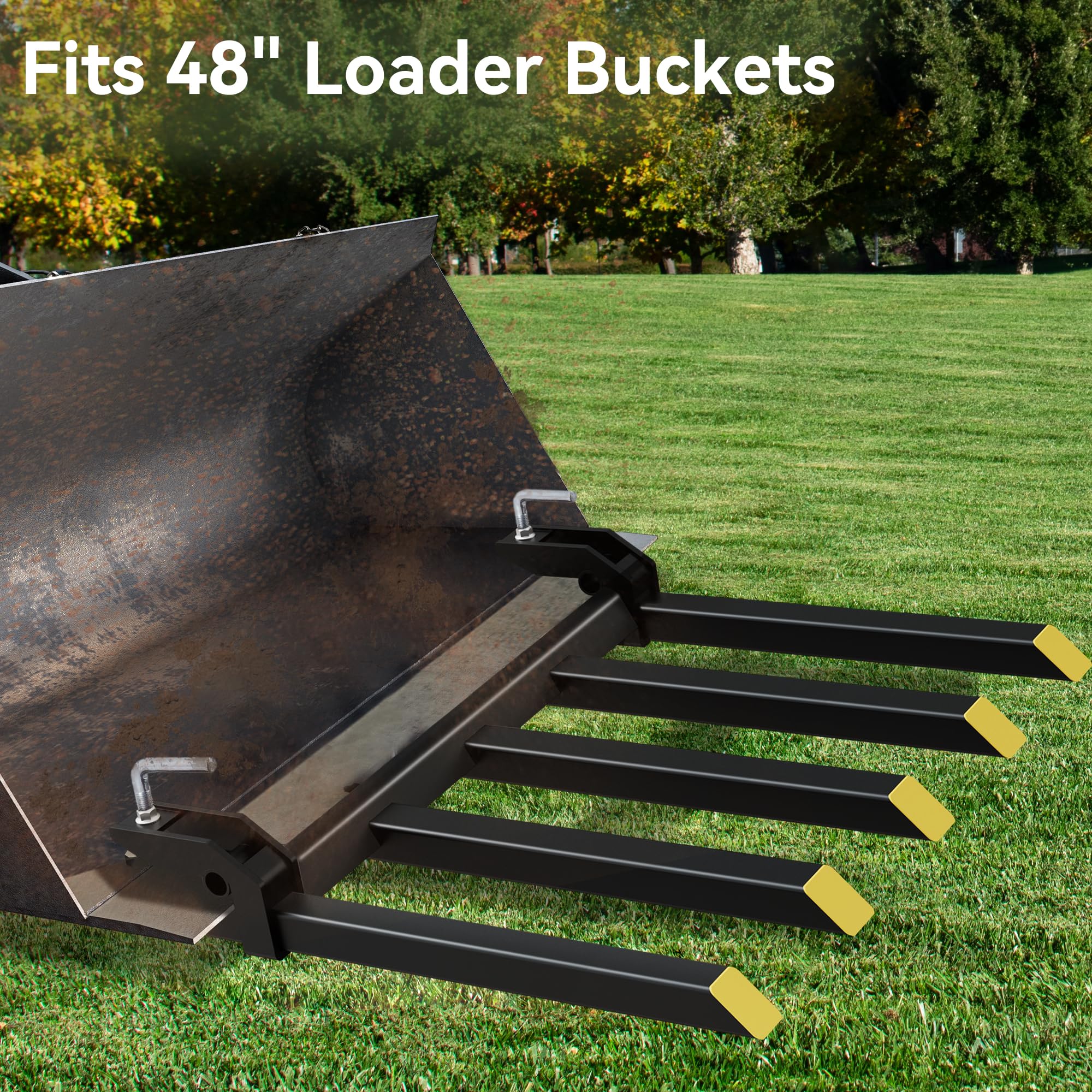 YINTATECH Clamp on Debris Forks to 48" Bucket, Heavy Duty Clamp-On Pallet Fork 2500 lbs Capacity Attachments Fit for Loader Bucket Skidsteer Tractor