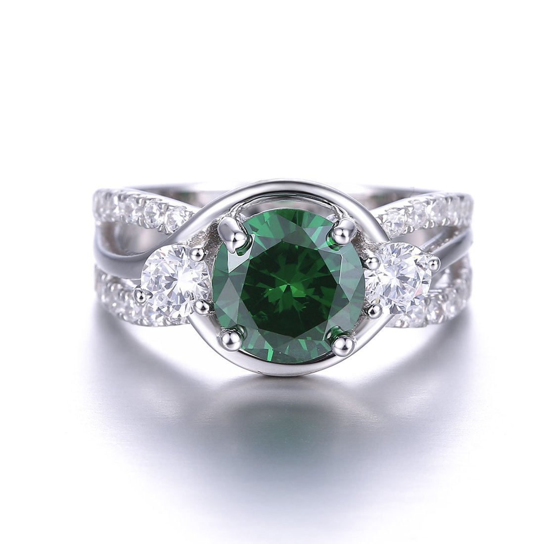 Merthus 8x8mm Round Simulated Emerald 925 Sterling Silver Criss Cross Band 3 Stone Engagement Ring for Women Size 6