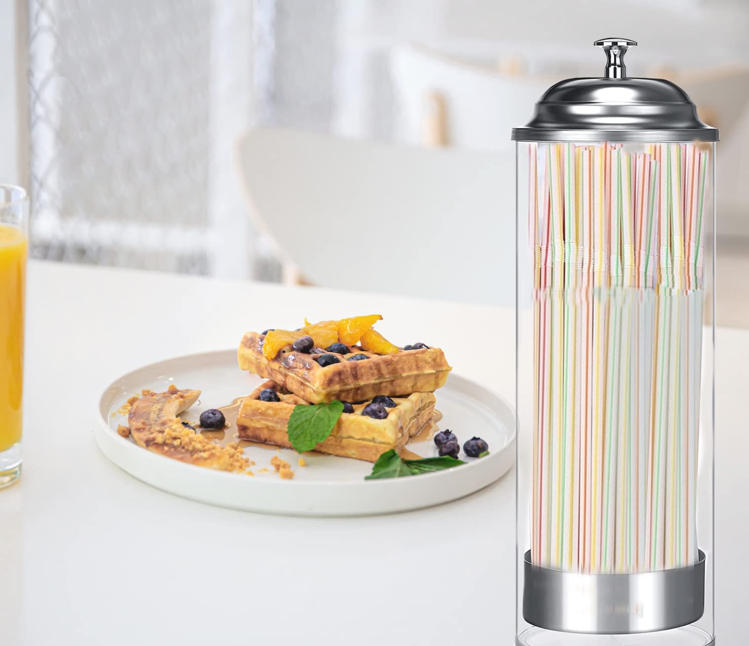 Straw Dispenser for Pencils with Stainless Steel Lid, Clear Acrylic Straw Holder, 100 Striped Plastic Straws