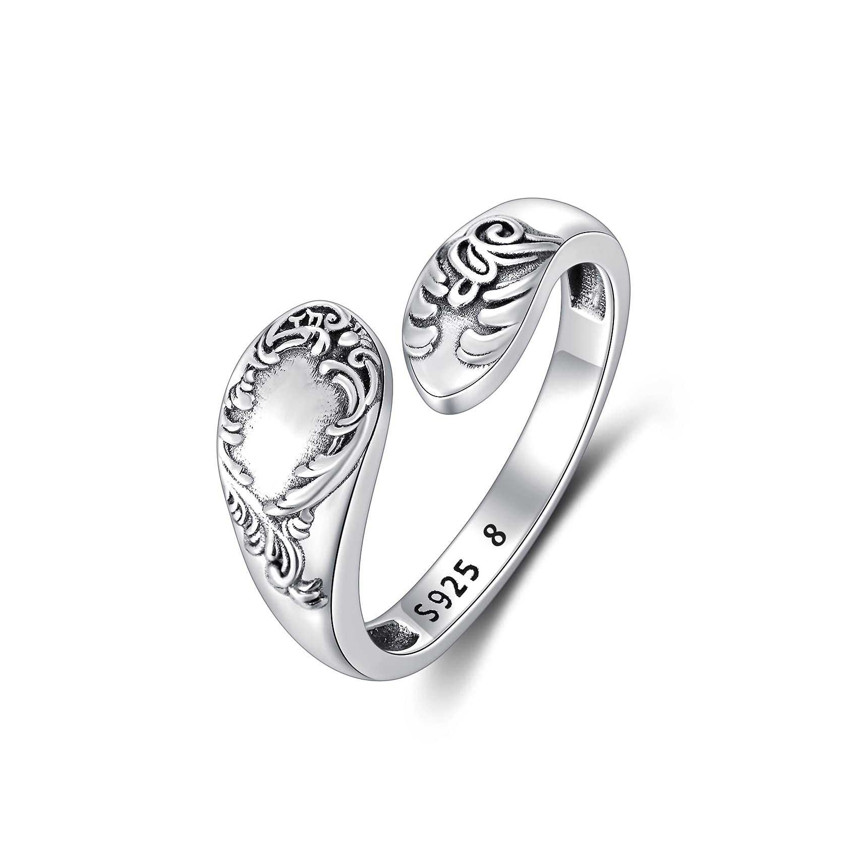 PROESS Sterling Silver Spoon Ring with Oxidized Open Wrap Ring Spoon Ring for Women Girls Couple, Size 7
