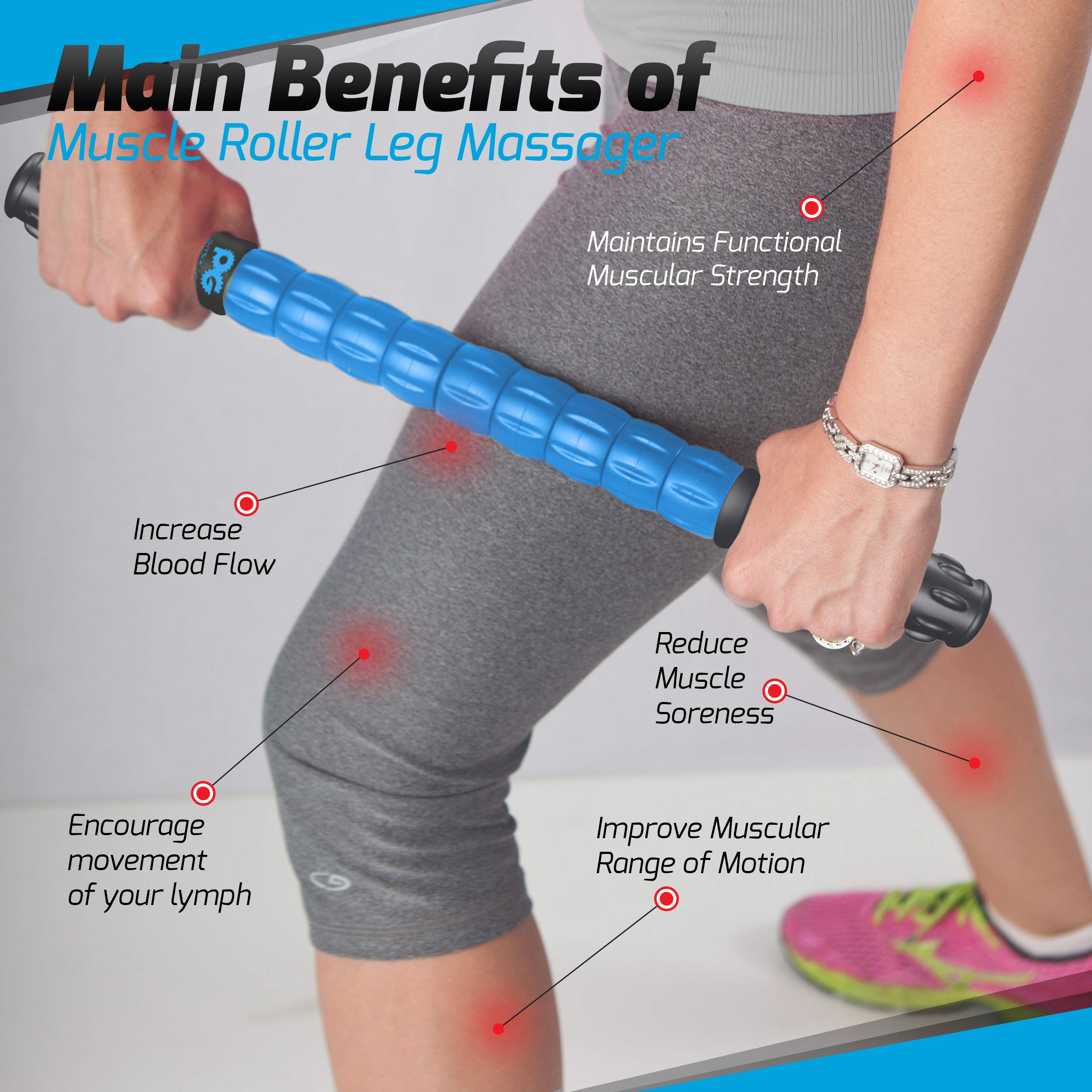 Massage Roller Stick Pro - Best Body Roller for Muscles Deep Tissue, Sore Calf, Cramps, Back Tightness, Knots, Myofascial Release Physical Therapy, Recovery - Muscle Roller Stick for Athletes (Blue)