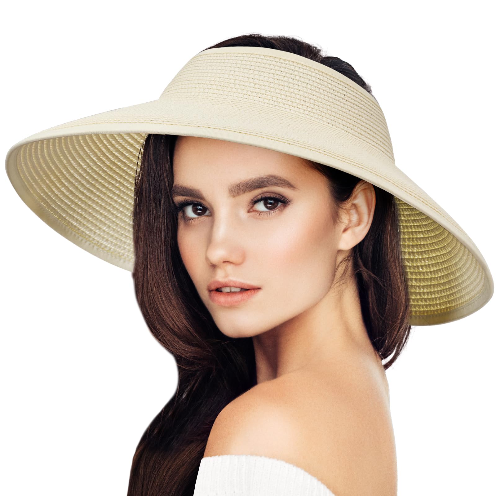 VIFUUR Sun Straw Hats Roll-up Ponytail Wide Brim Summer Visor for Womens Beach Hat Packable UPF UV Travel Brown