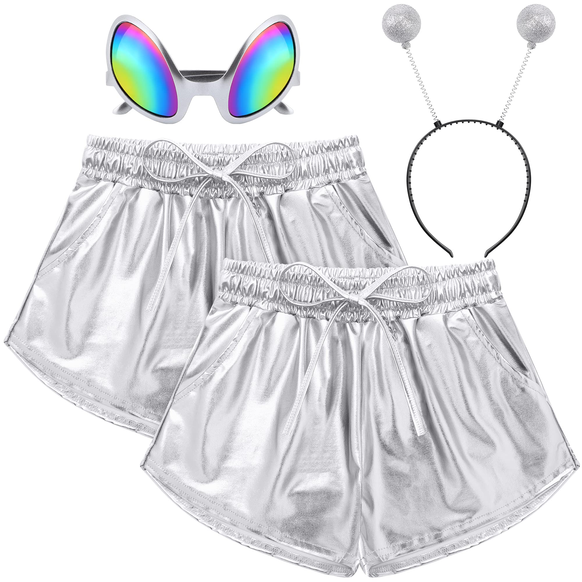 SOMSOC 2 Pack Halloween Women's Metallic Drawstring Shorts Hot Shiny Sparkly Rave Yoga Pants with Alien Headband Glasses