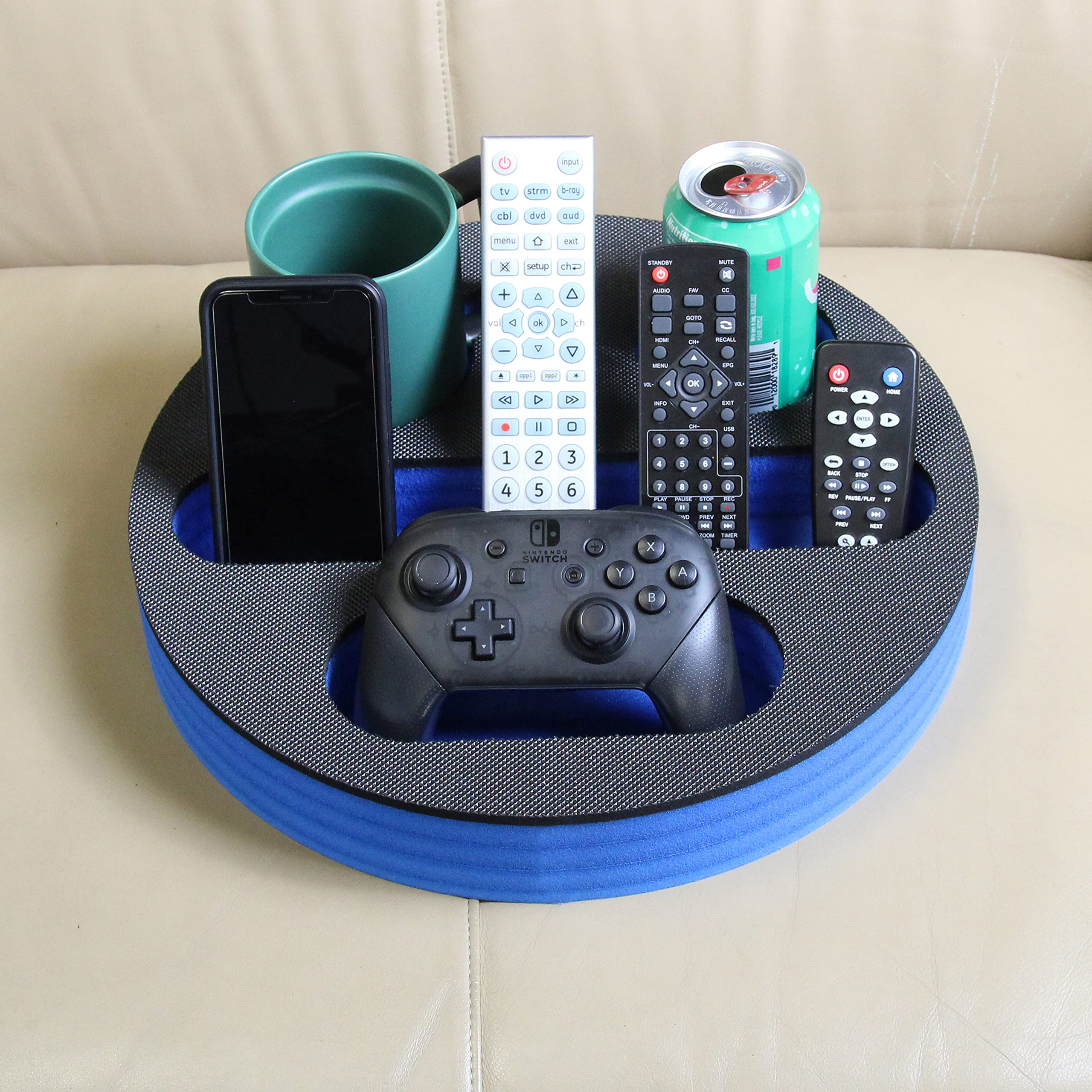 Polar Whale Couch Drink Holder Blue and Black Refreshment Tray for Sofa Bed Floor Car RV Lounge TV Room Durable Foam 4 Compartments with Game Controller Slot 13.75 Inches Wide