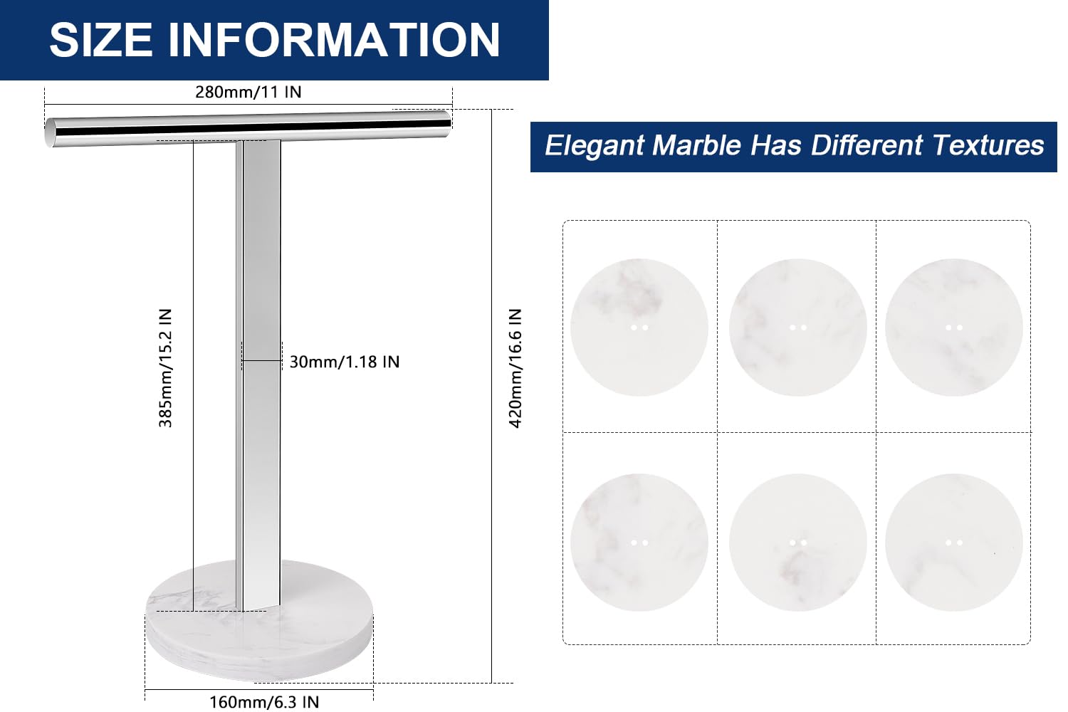 NearMoon T-Shape Hand Towel Holder-Bathroom Towel Rack-Stand with Balanced Base Towel Bar for Bathroom Kitchen Vanity Countertop, Modern Stand Towel Ring with Marble Base (16 Inch, Chrome)