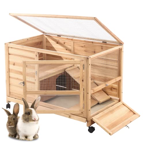 YOLENY Rabbit Hutch, Wooden Small Animal Cage, Bunny Hutch Indoor Rabbit Cage, Outdoor Guinea Pig Cage Hedgehog Cage, Removable Tray, Safety Lock, Galvanized Mesh Wires, Access Ramps